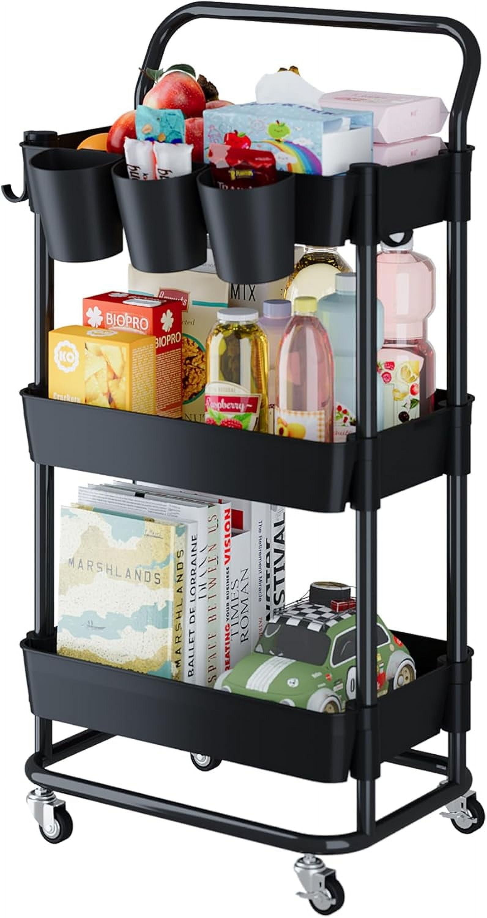 3-Tier Rolling Utility Cart, Storage Cart with Handle Multi-Purpose and ...