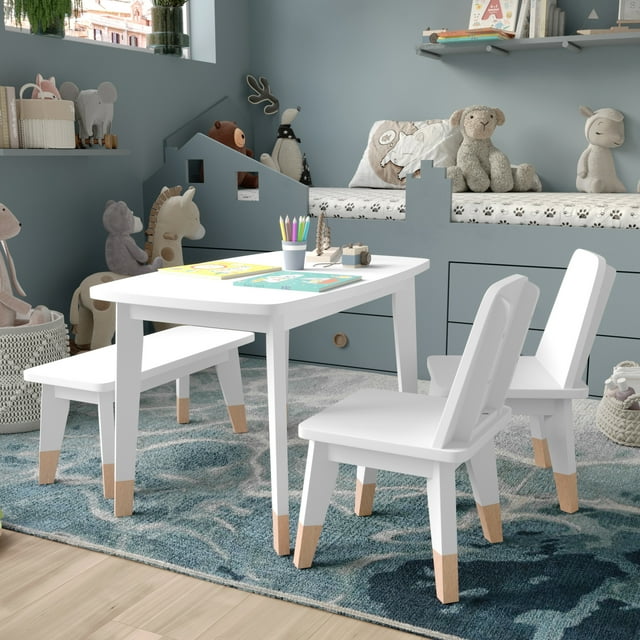 Buzz & Bloom Kids 4-Piece Wood Table, 2 Chairs, and Bench Seating Set ...