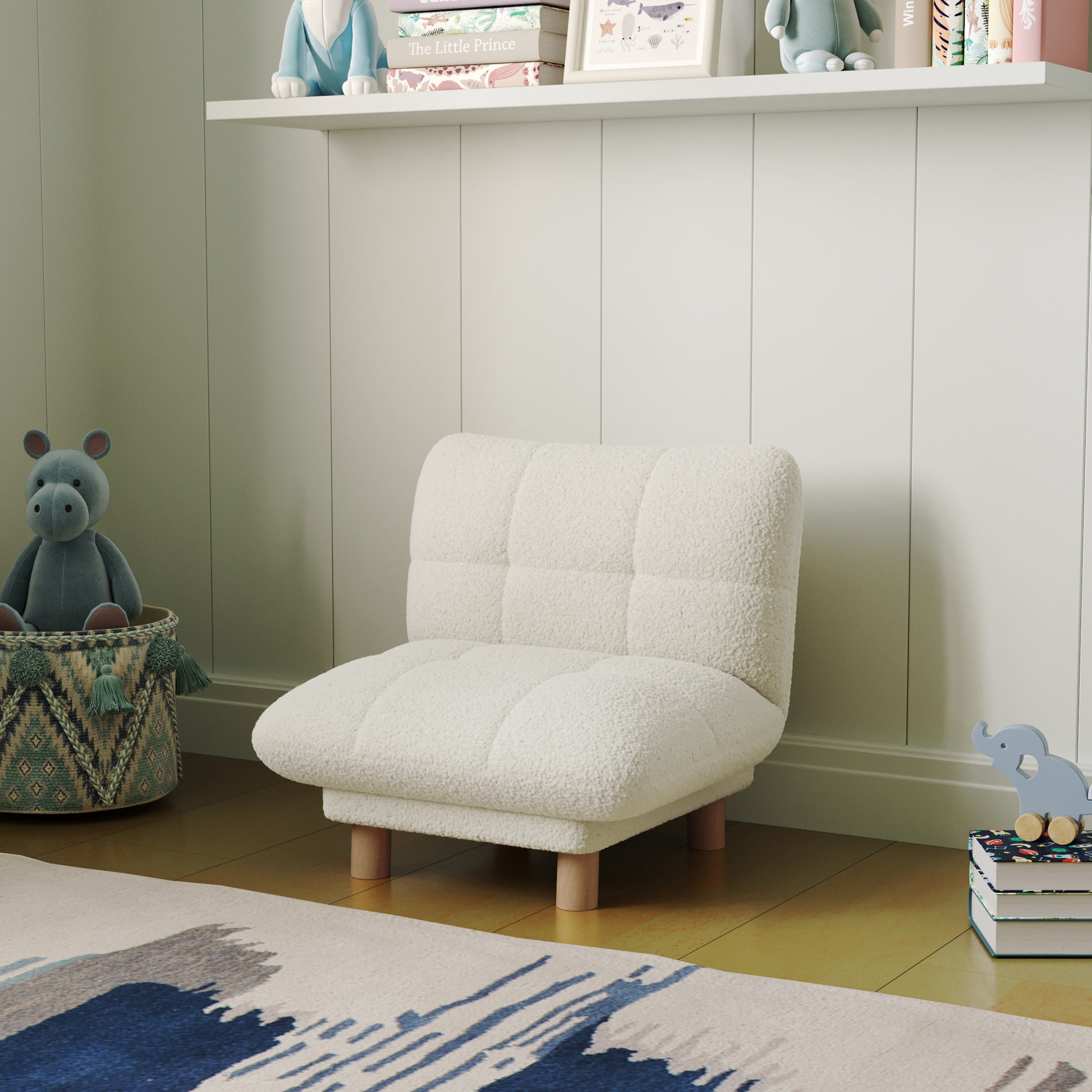 Buzz & Bloom Kids Faux Shearling Cushioned Accent Chair with Solid Wood Legs, Marshmallow ...