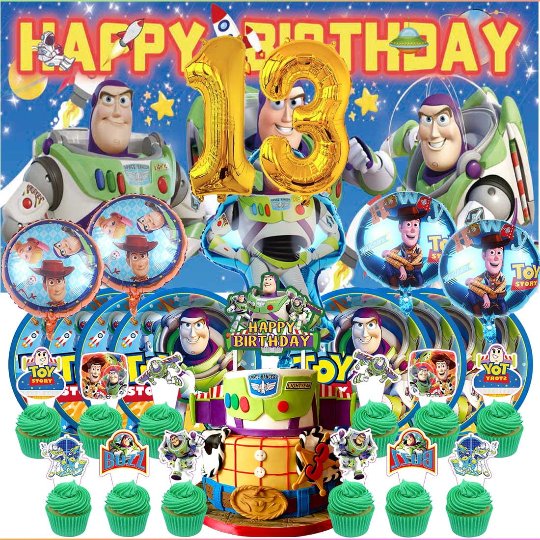 Buzz Lightyear 13th Tableware Balloons Cake Toppers Backdrop Banner ...