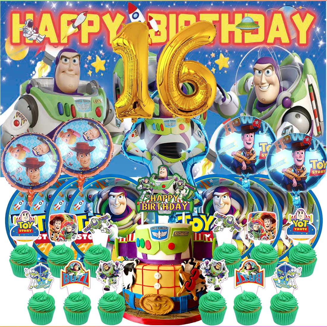 Buzz Lightyear 16th Tableware Balloons Cake Toppers Backdrop Banner ...