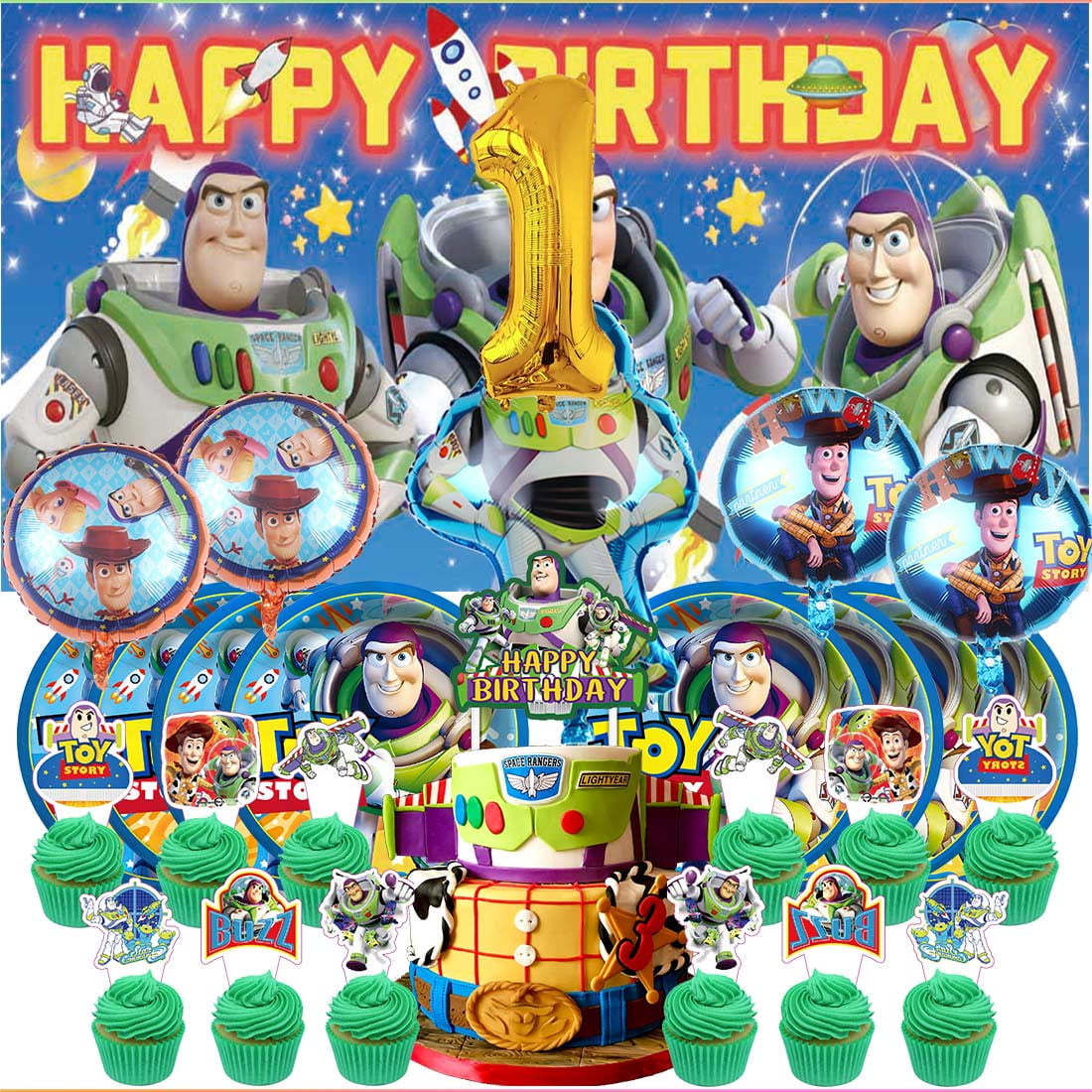 Buzz Lightyear 1st Tableware Balloons Cake Toppers Backdrop Banner ...