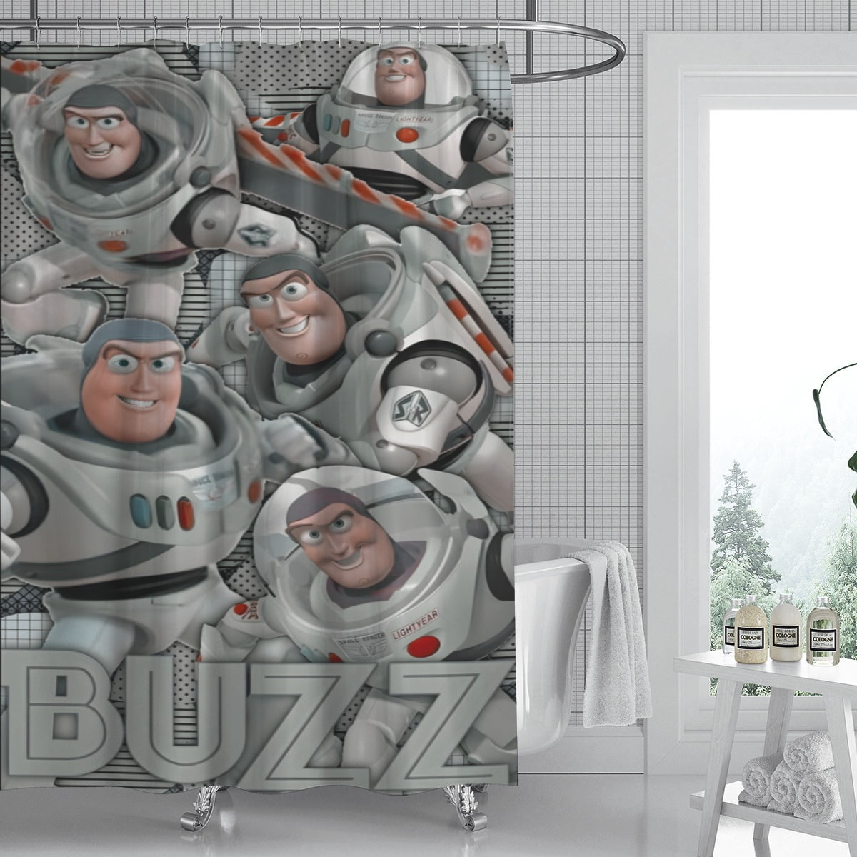 Buzz Lightyear 2 shower curtain displays an eye-catching design, is waterproof, and easily ...