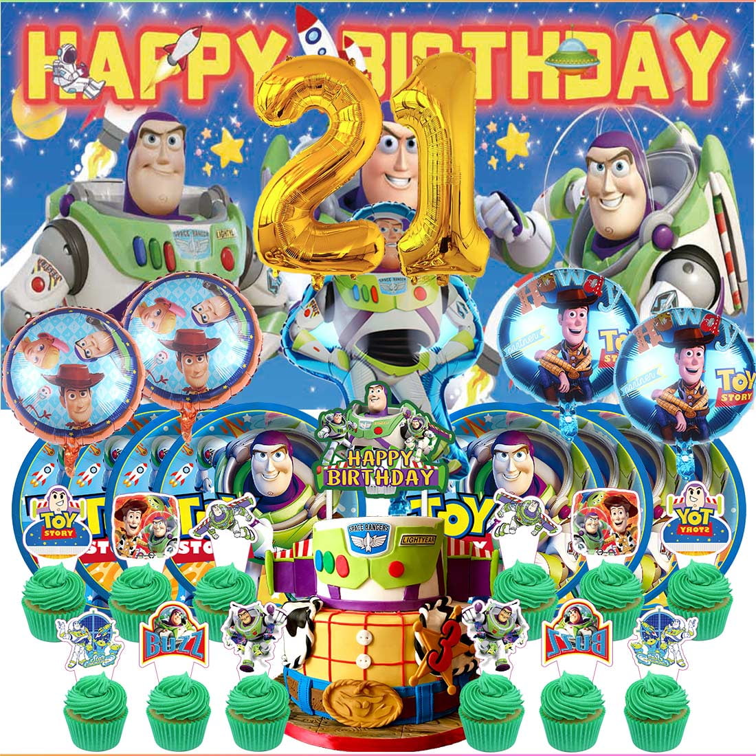 Buzz Lightyear 21th Tableware Balloons Cake Toppers Backdrop Banner ...
