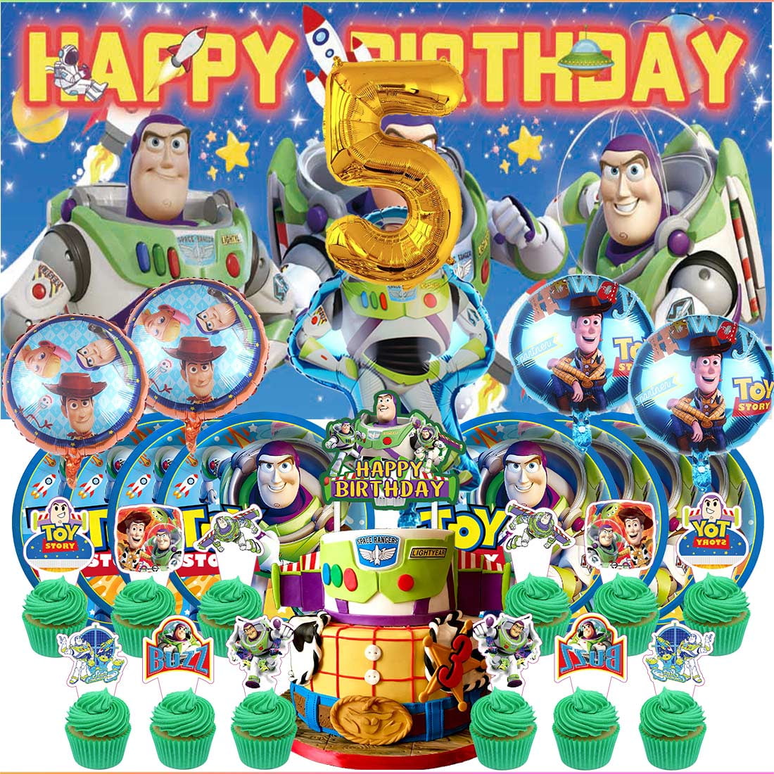 Buzz Lightyear 5th Tableware Balloons Cake Toppers Backdrop Banner ...