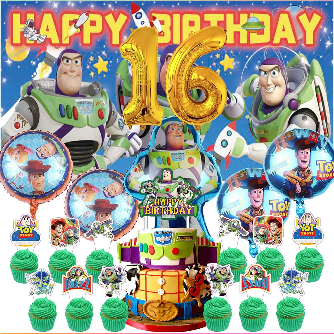 Buzz Lightyear Party Supplies Decor 16th Kit Balloons Birthday Cake ...