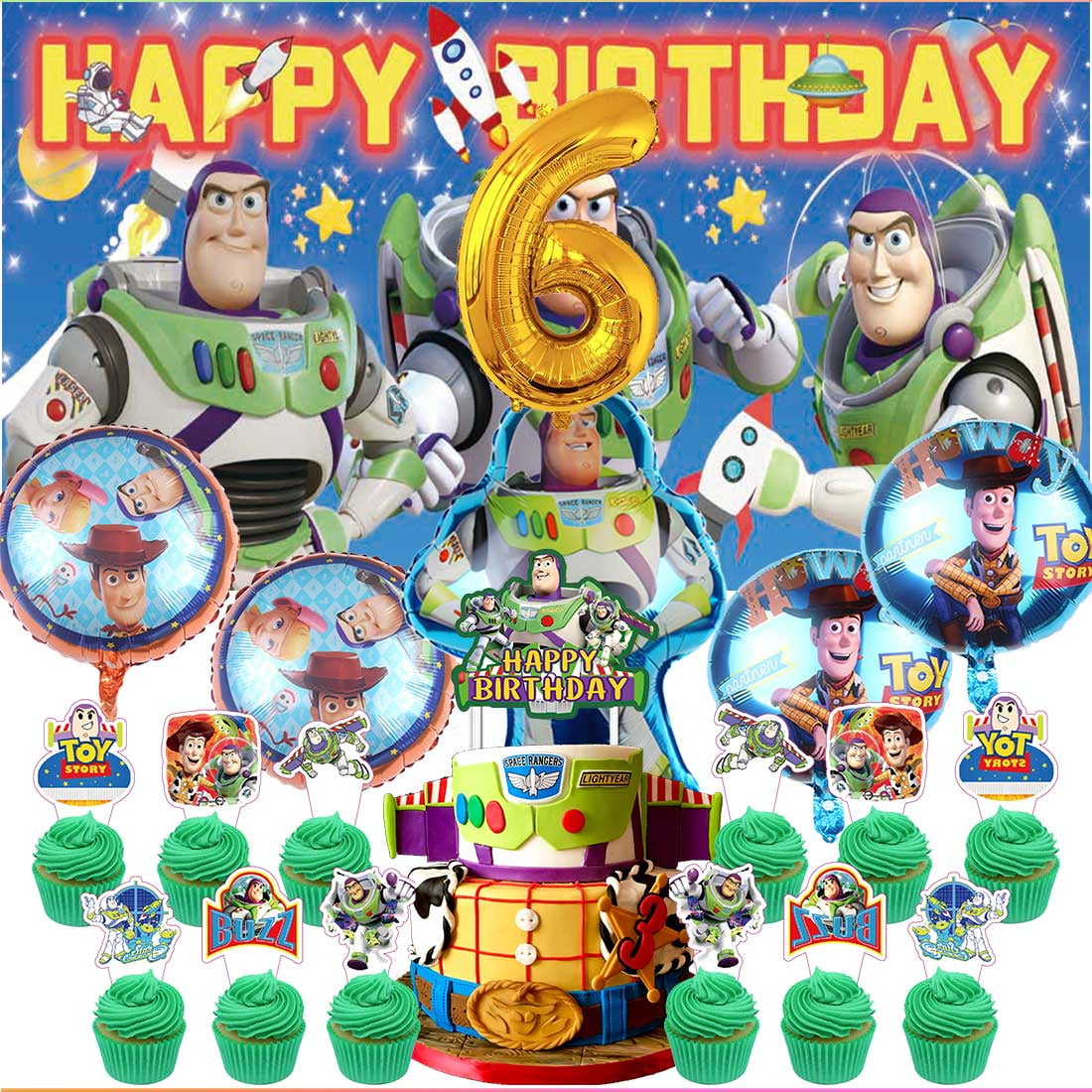 Buzz Lightyear Party Supplies Decor 6th Kit Balloons Birthday Cake ...