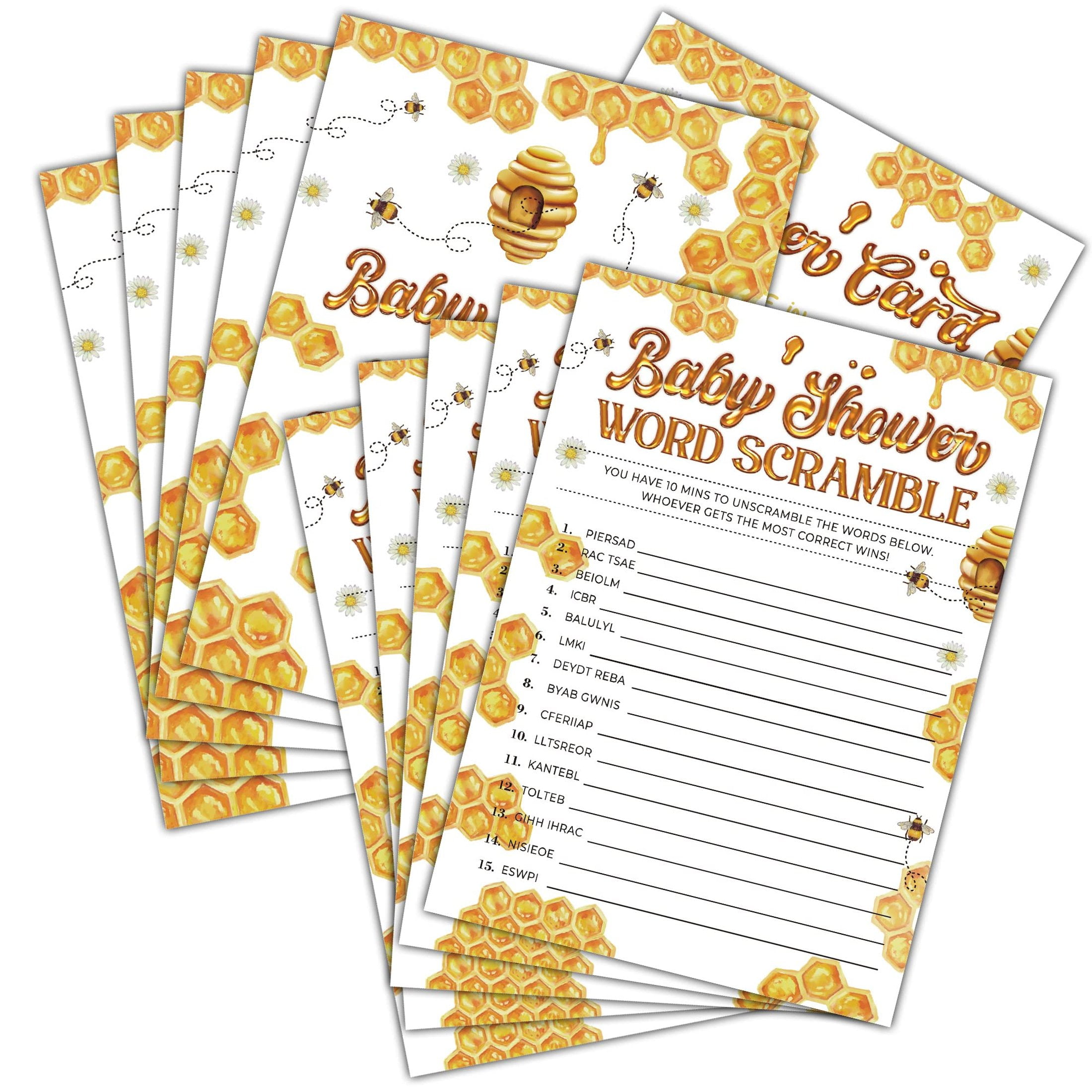 Buzzing Bee Word Scramble Game Cards for Baby Shower and Gender Reveal ...