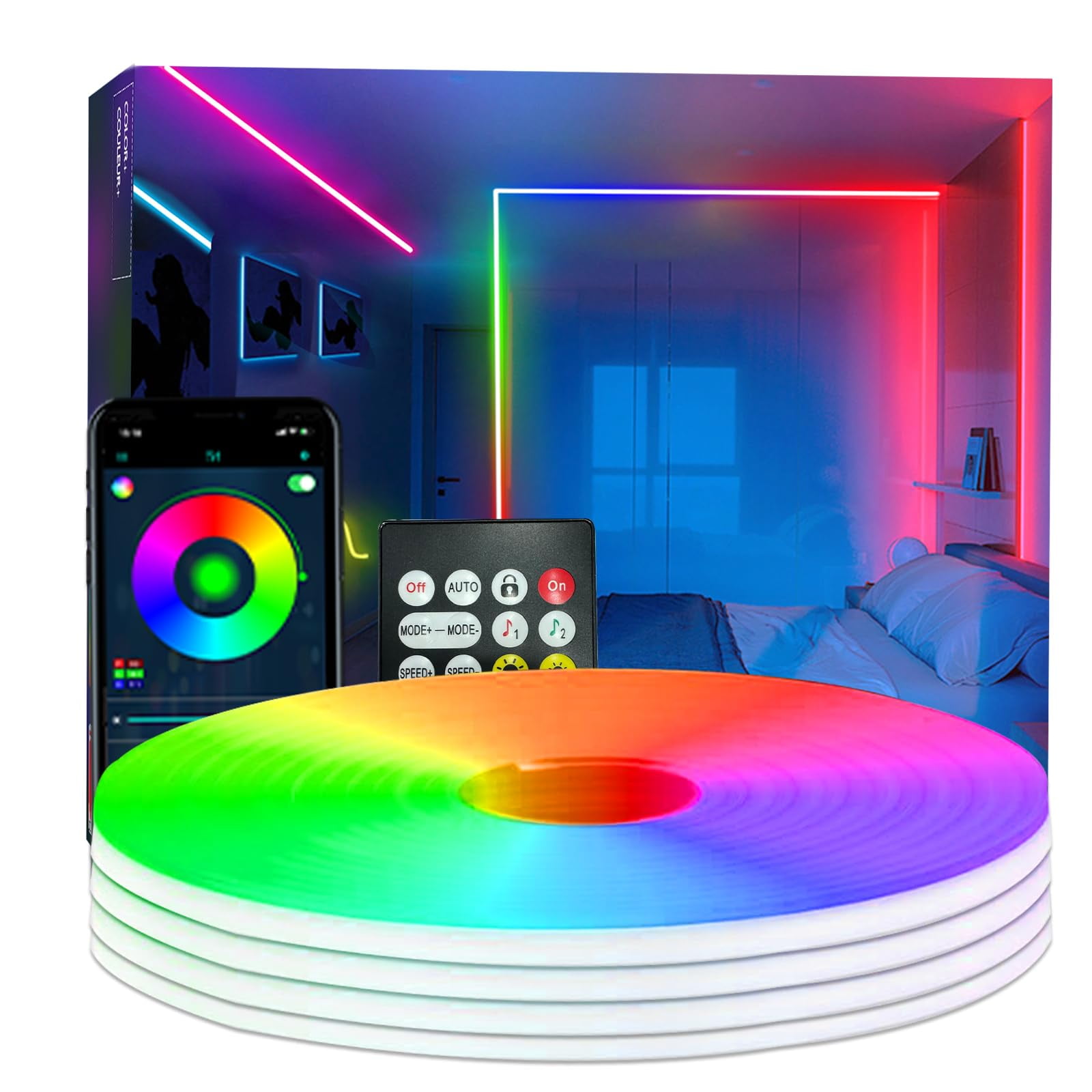 Bvokon 65.6FT Neon Rope Light,RGB+IC Flexible Led Lights Control with ...