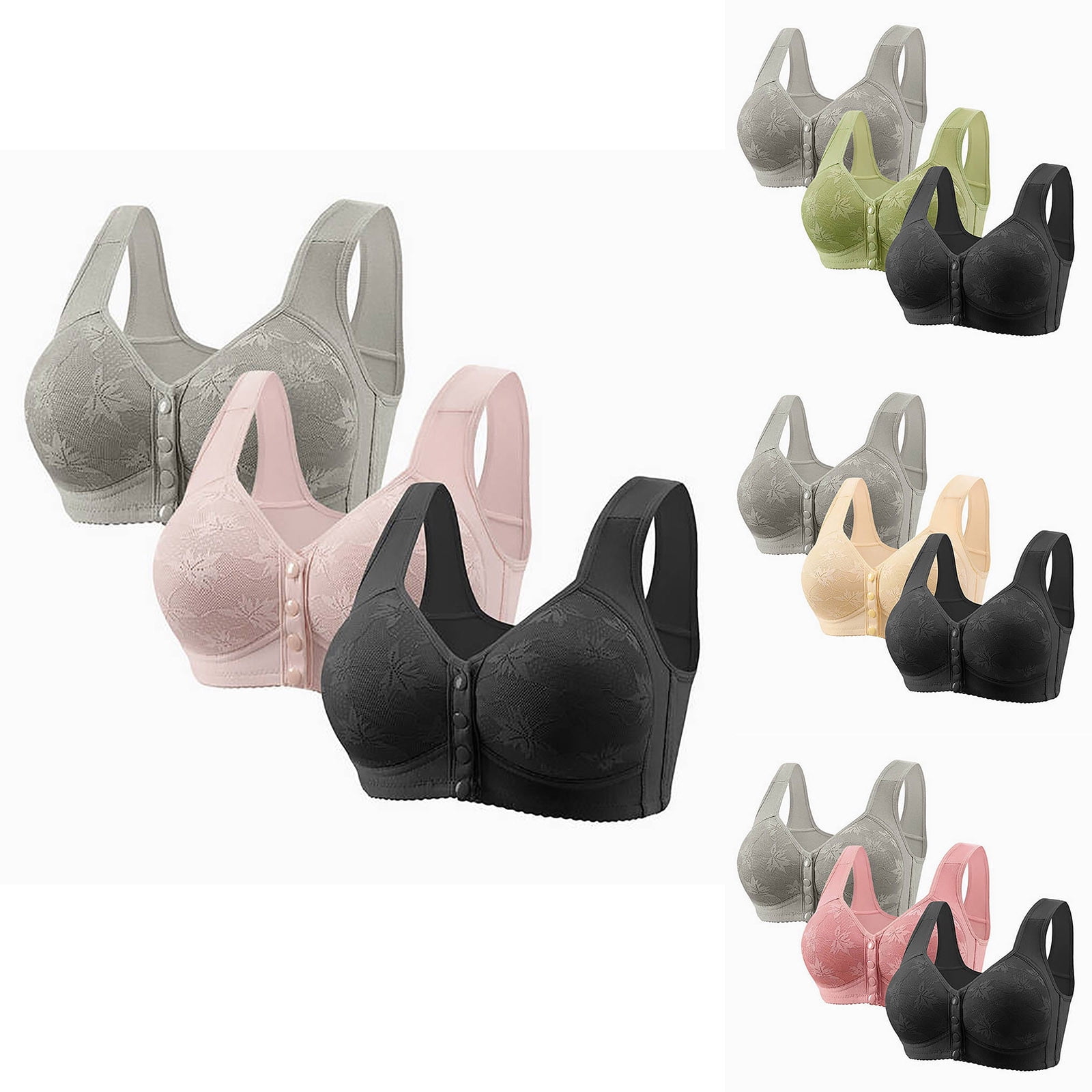 Bvxeep 3-Piece Women's Non-Magnetic Wirefree Push-Up Front Closure Bra ...
