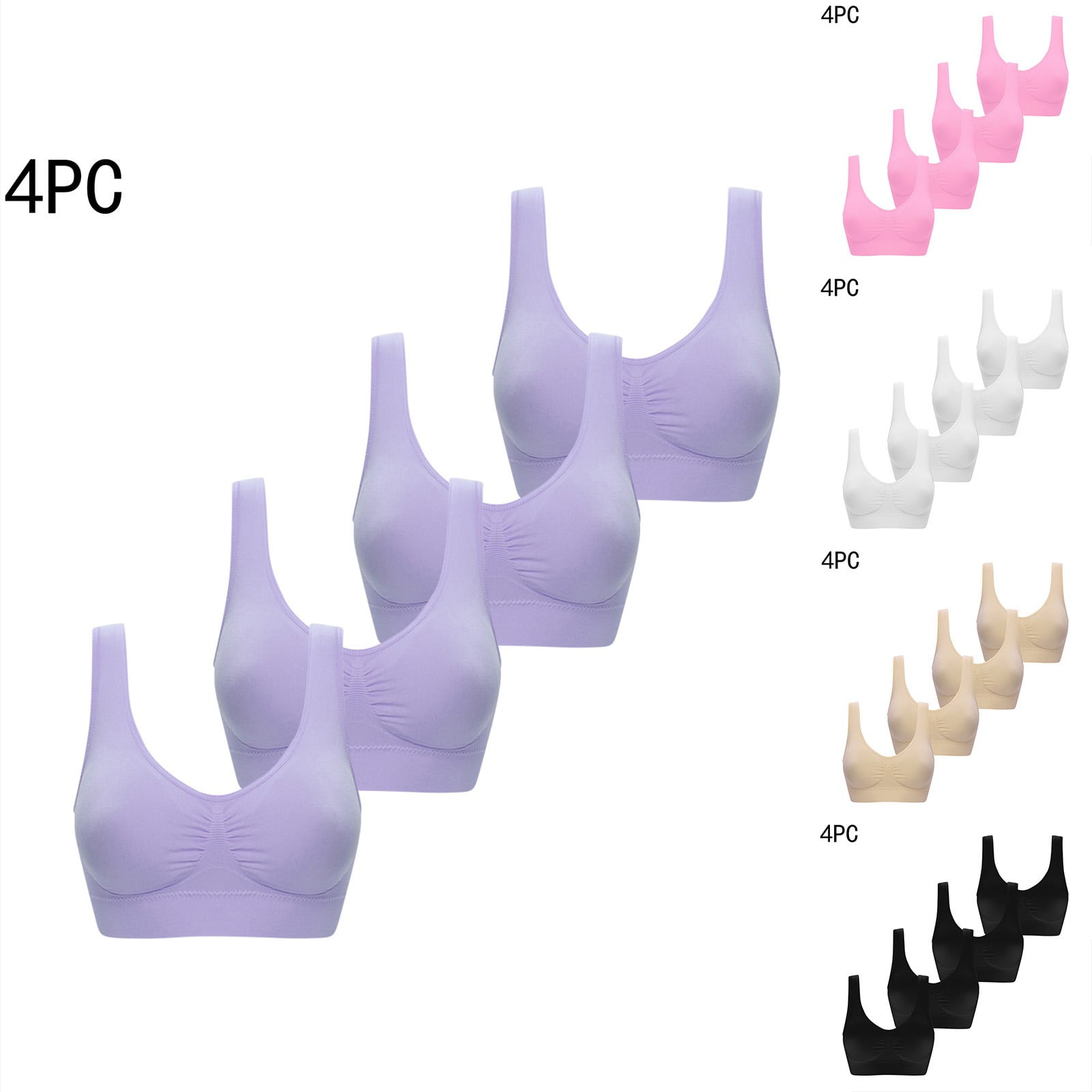 Bvxeep 4-Piece Women's Solid Color-Thin Plus Size Bra Sports Bra Full ...