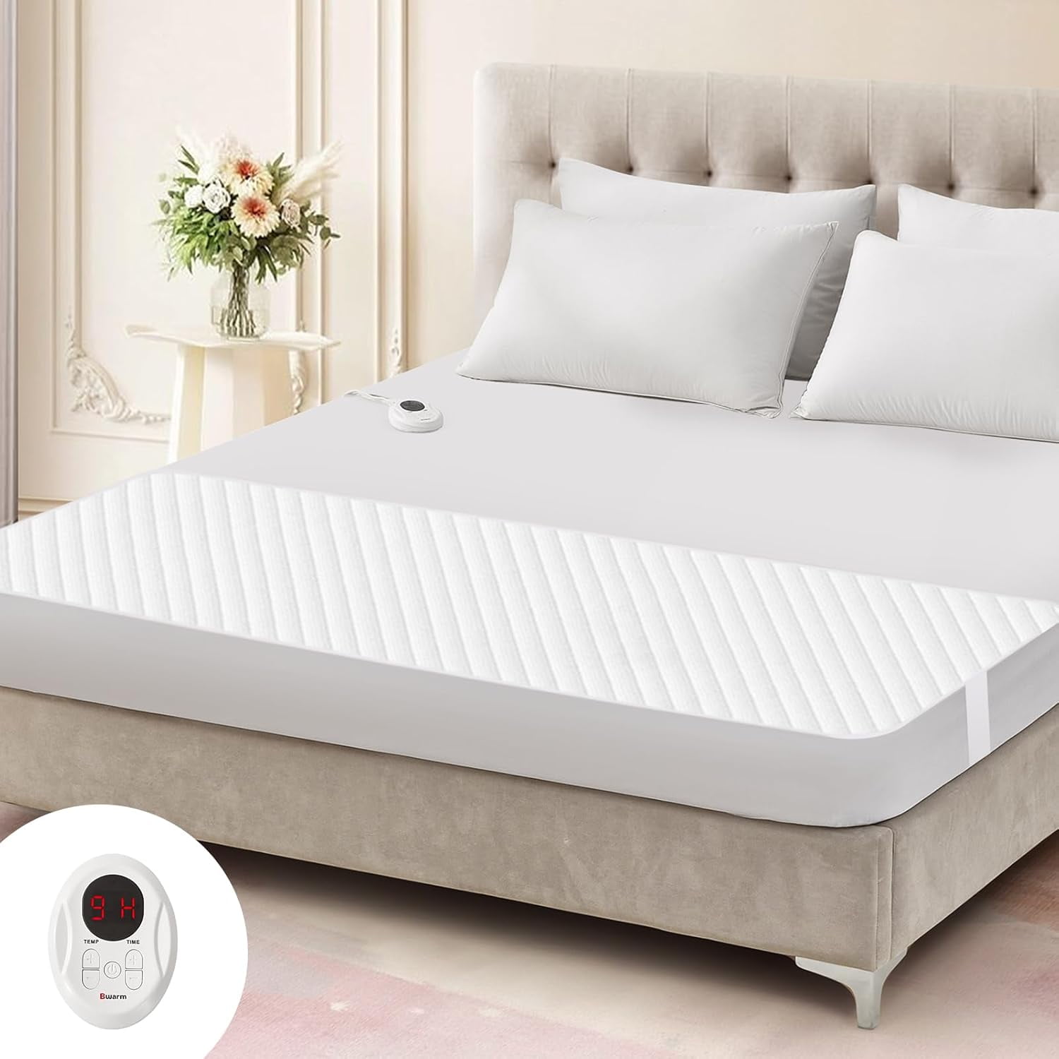 Bwarm Waterproof Heated Mattress Pad, ETL Certified Bed Warmer with 9 Heat Settings, 1-12 Hours ...
