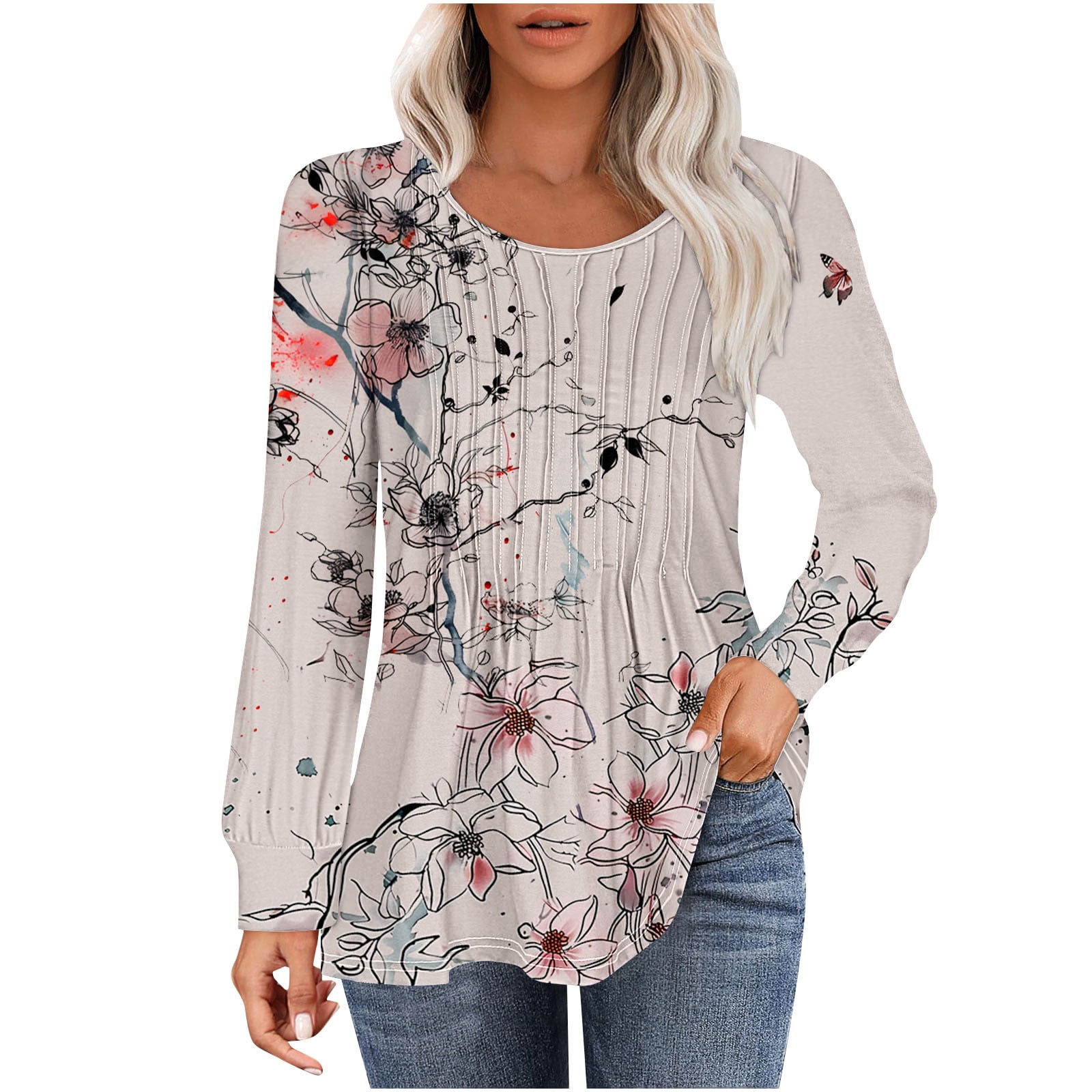 Bwndum Womens Long Sleeve Tops Casual Dressy Pleated Tops Soft Spring ...