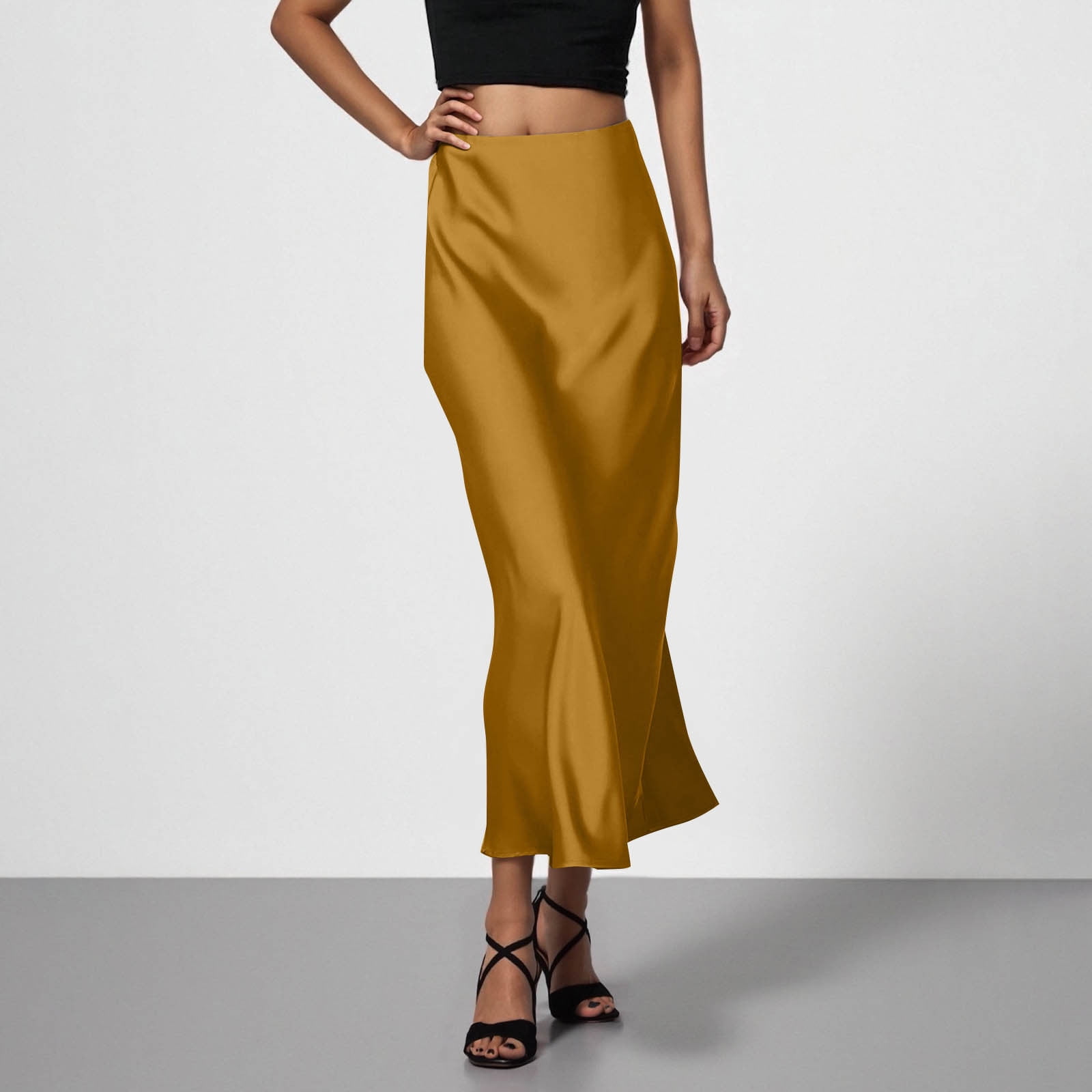 Bwndum Women's Satin Midi Skirt - Elegant Casual High Waisted Warp ...