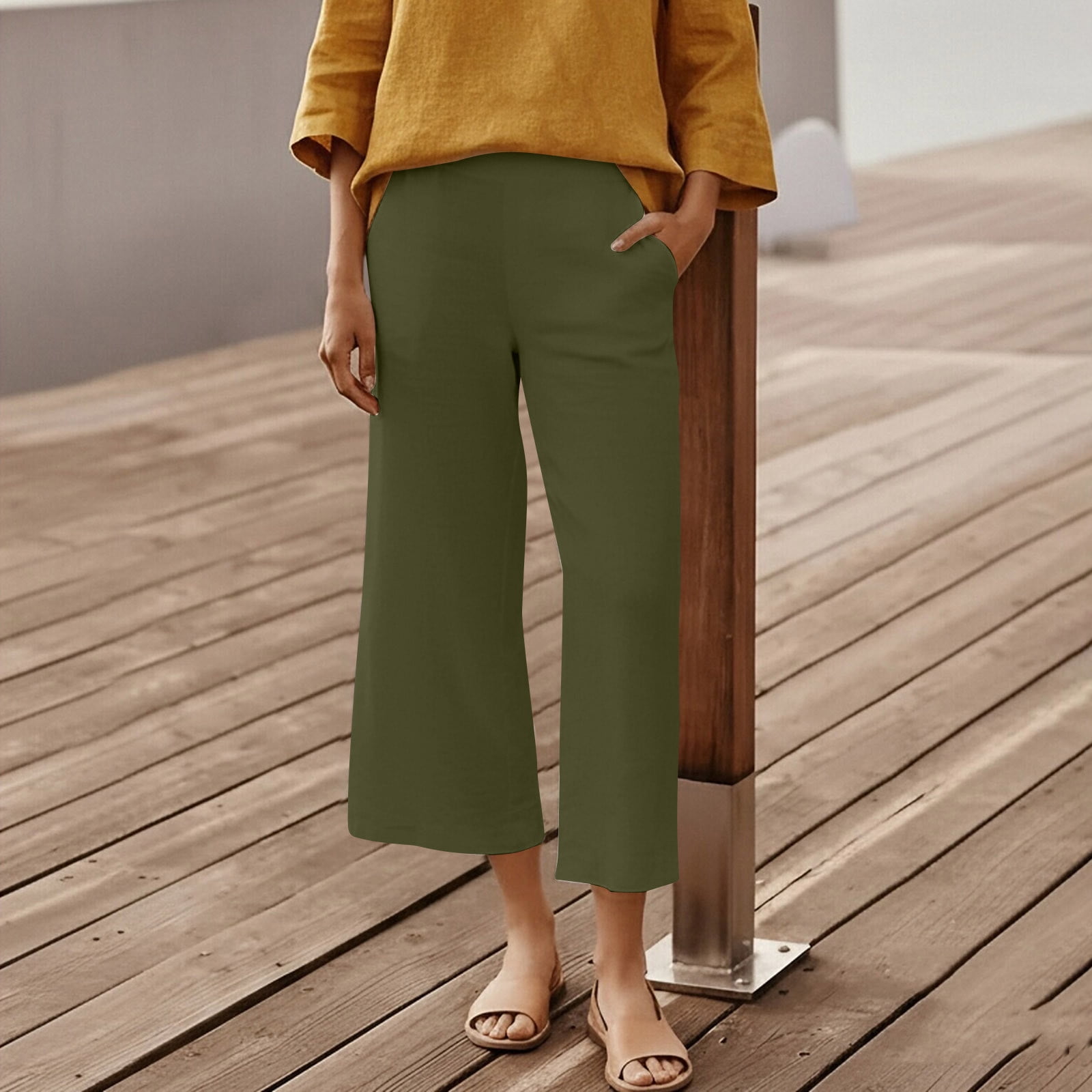 Bwndum Womens Army Green Cropped Wide Leg Pants, Casual High Waist ...