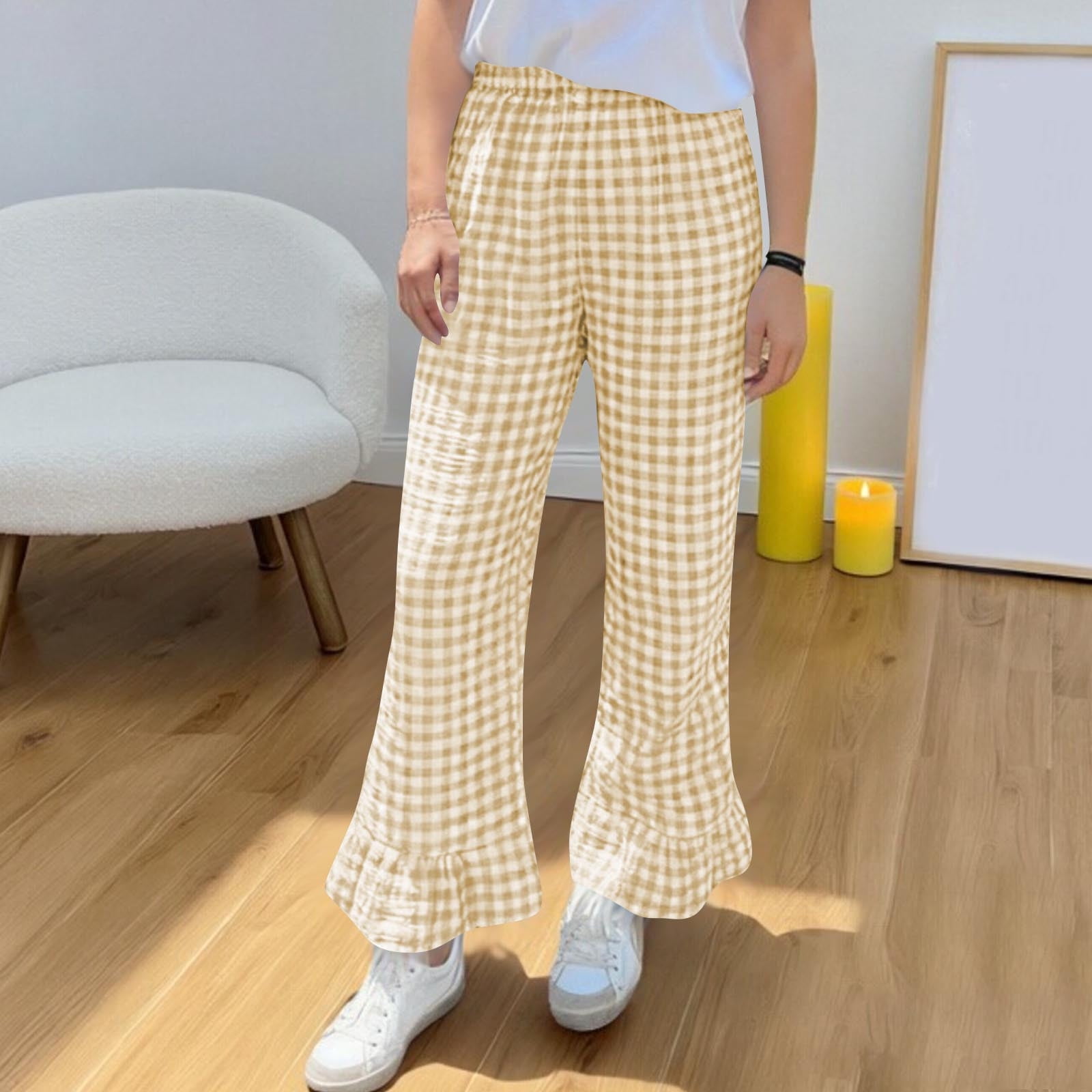 Bwndum Womens Gingham Wide Leg Pants High Waisted, Casual Elastic Waist ...
