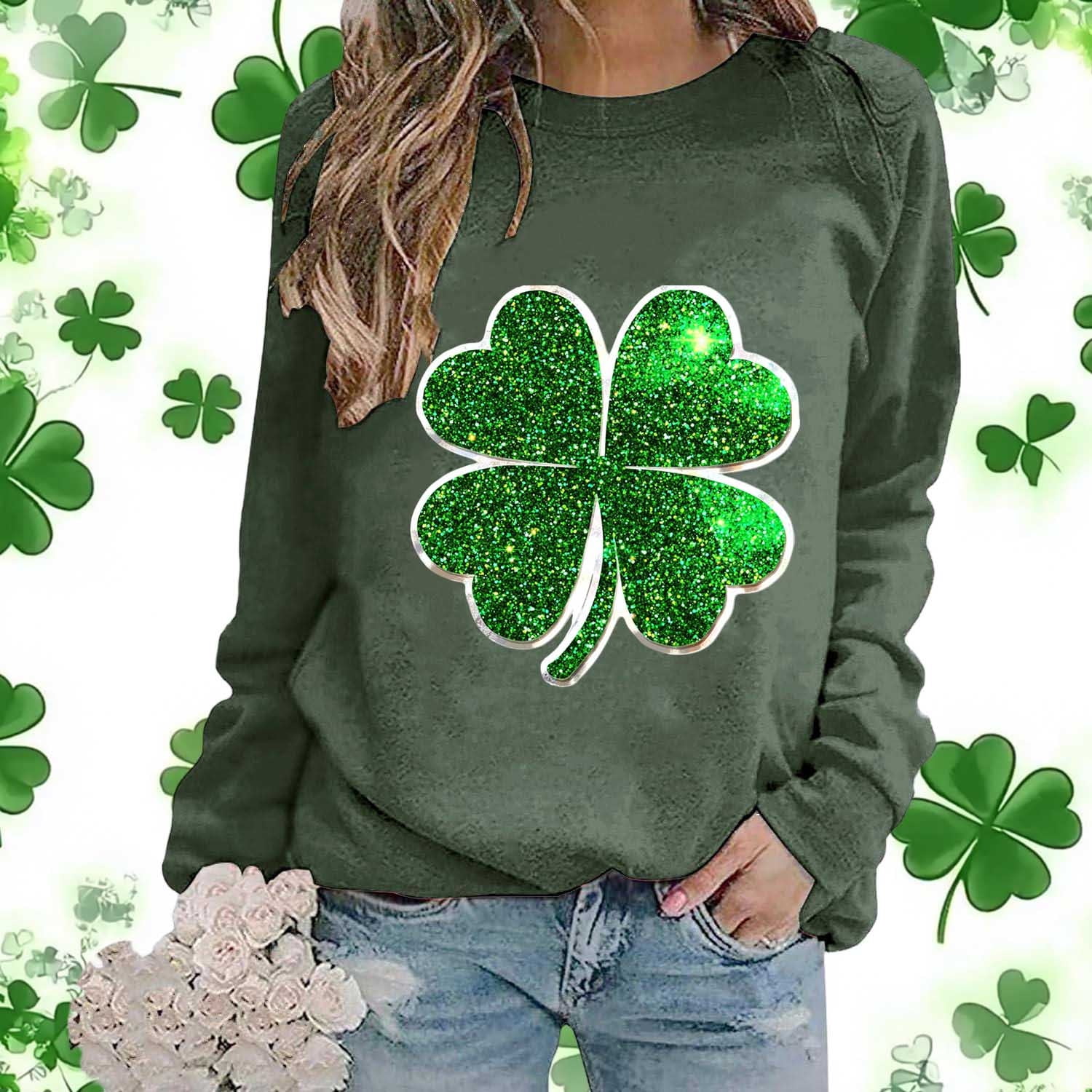 Bwndum Womens Glitter 4-Leaf Clover Sweatshirt, Soft Stretch, Army ...