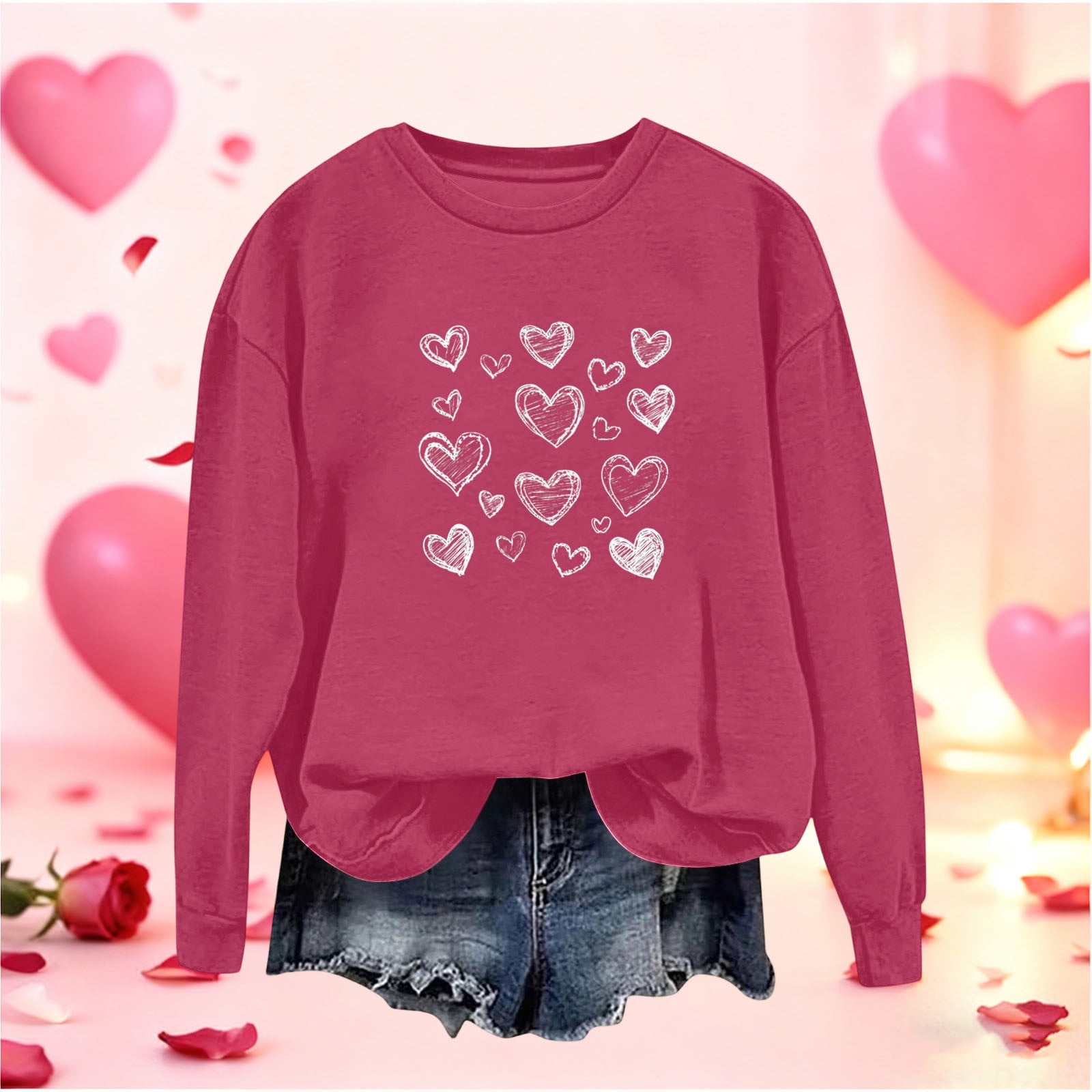Bwndum Womens Heart Print Crewneck Sweatshirt, Hot Pink Oversized Plus ...