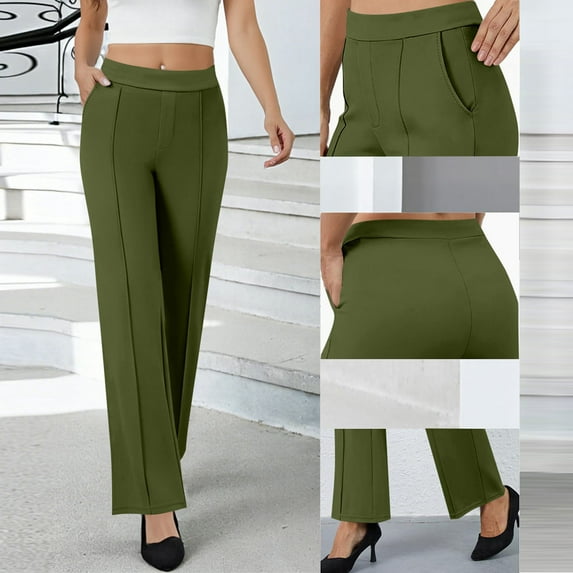 Bwndum Womens High Waisted Wide Leg Pants Army Green Stretch Work Pants ...