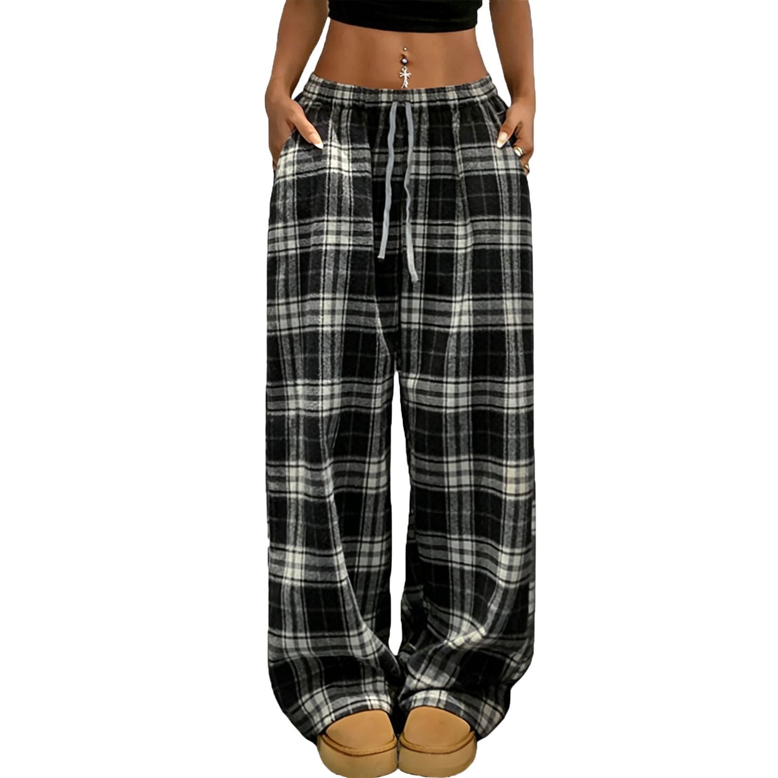 Bwndum Womens Plaid Pants High Waisted Wide Leg Casual Loose Fit ...