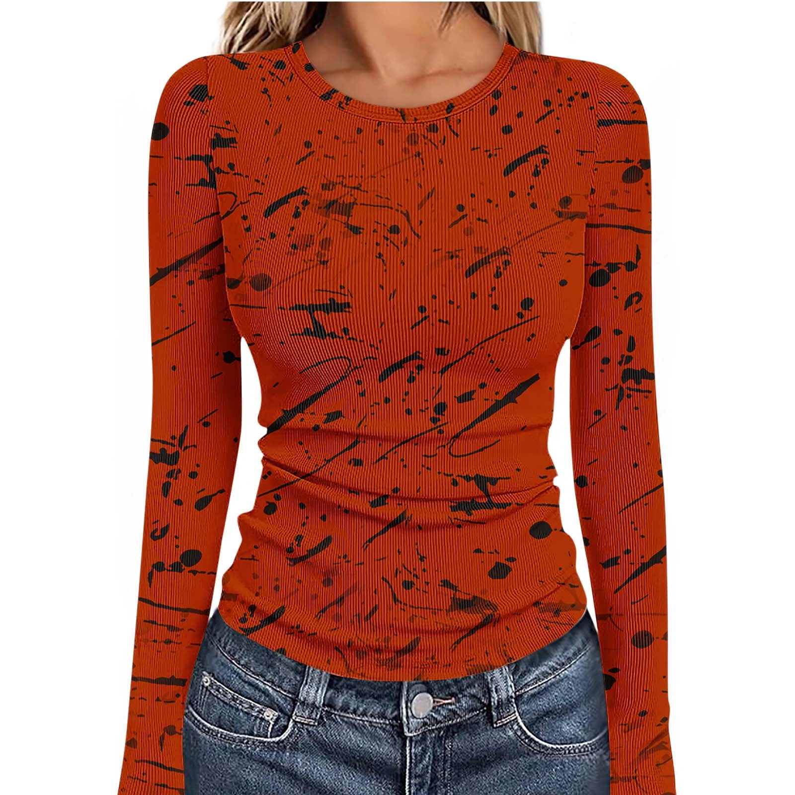Bwndum Womens Ribbed Long Sleeve Top Wine Color, Slim Fit Crewneck ...