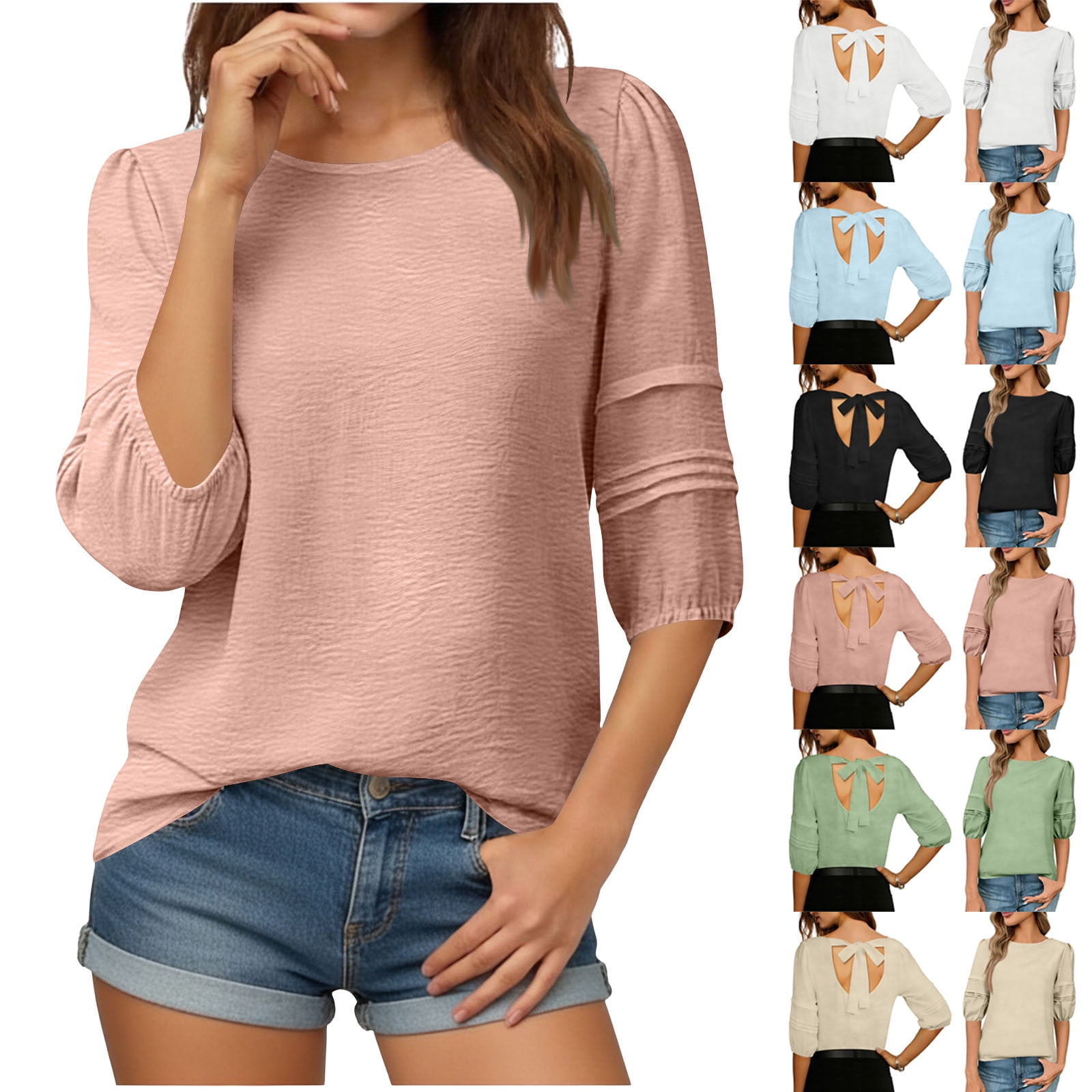 Bwndum Womens White Lightweight Keyhole Back Blouse with Bow 3/4 Sleeve ...