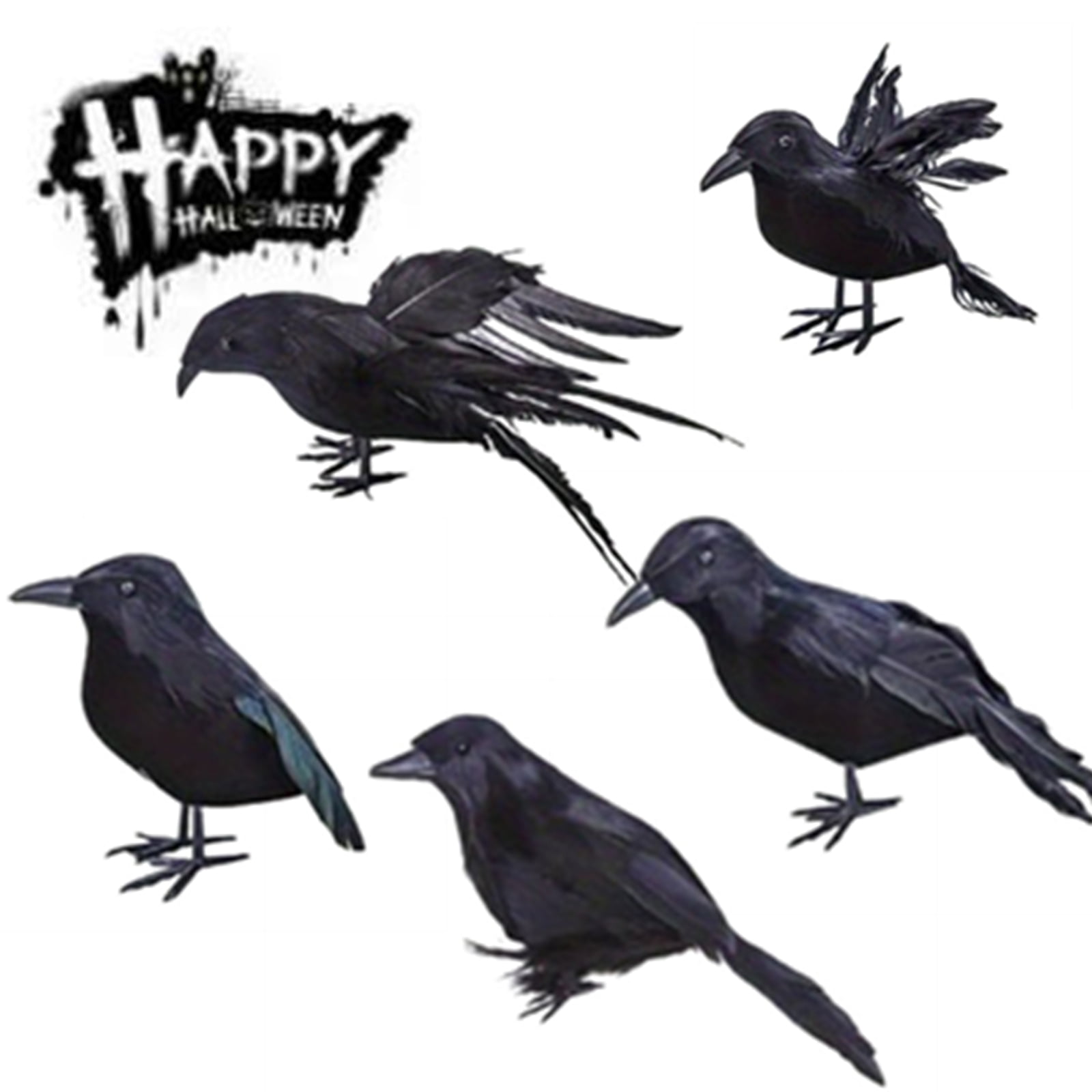 Bxaolu 5 Pack Realistic Crows, Black Feathered Crows, Halloween Decorations, Artificial Handmade ...