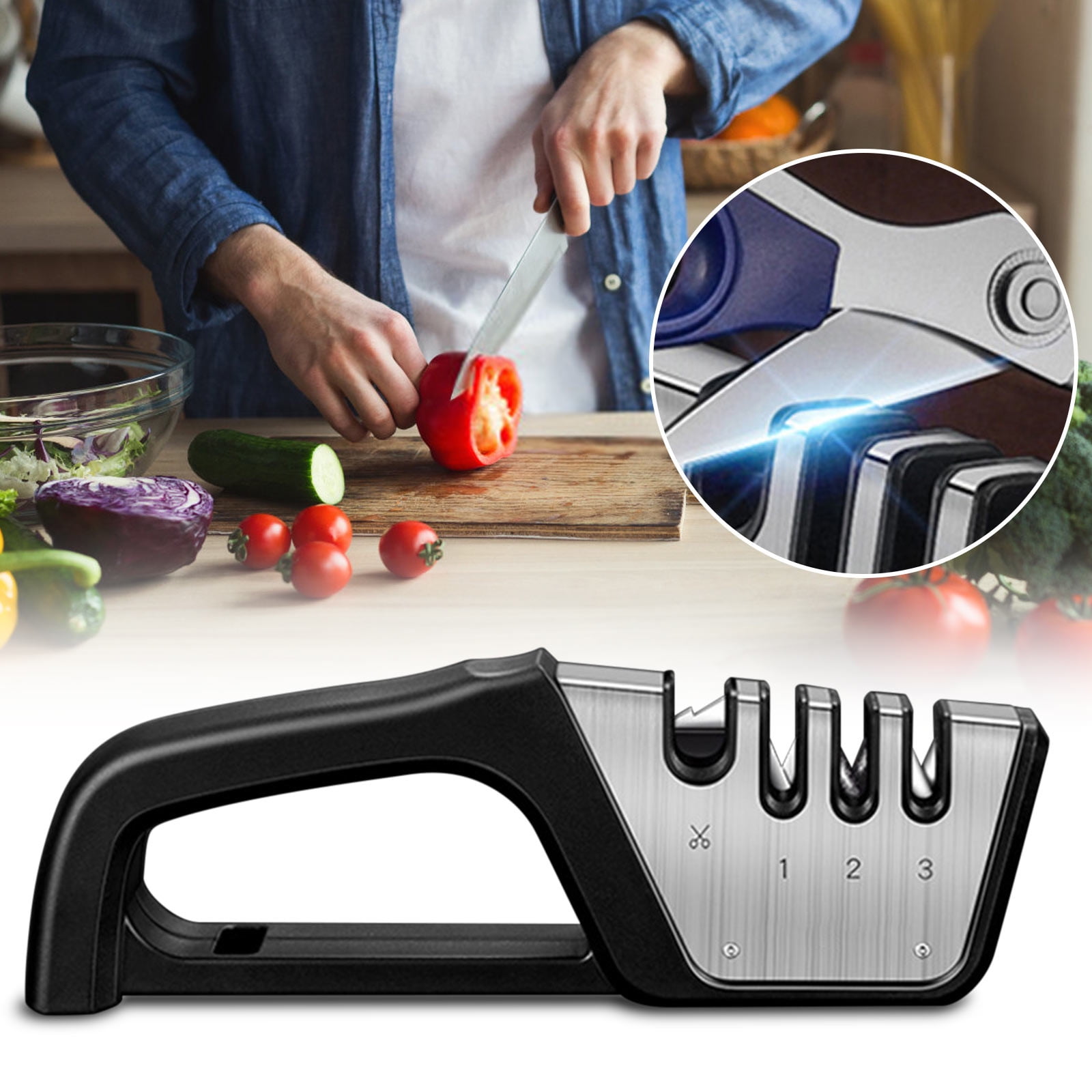 Bxaolu Manual Knife Sharpener – 3 Ceramic Stone & Tungsten Carbide ...