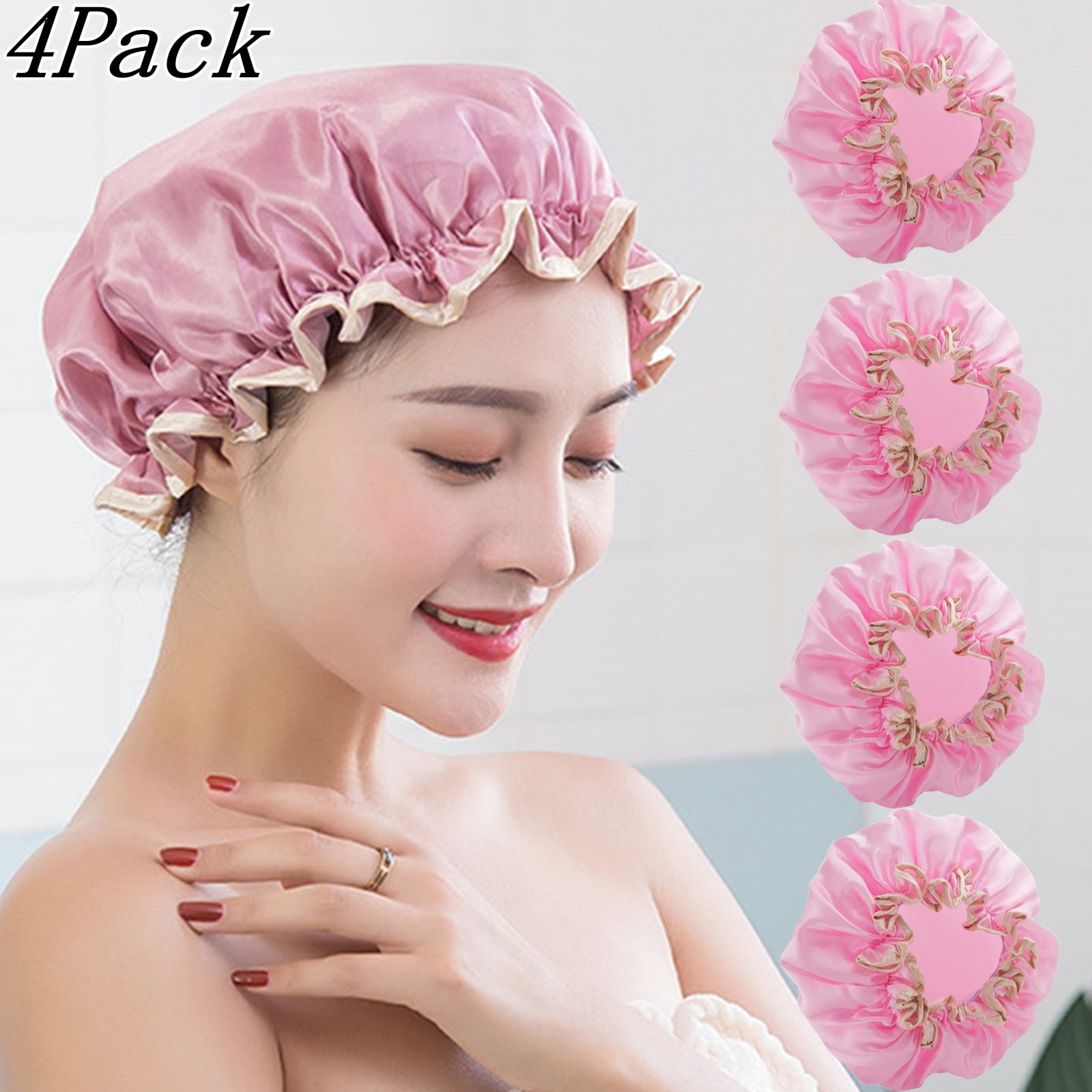 Bxaolu Shower Caps for Women, 4 PCS Elastic and Reusable Bath Caps ...