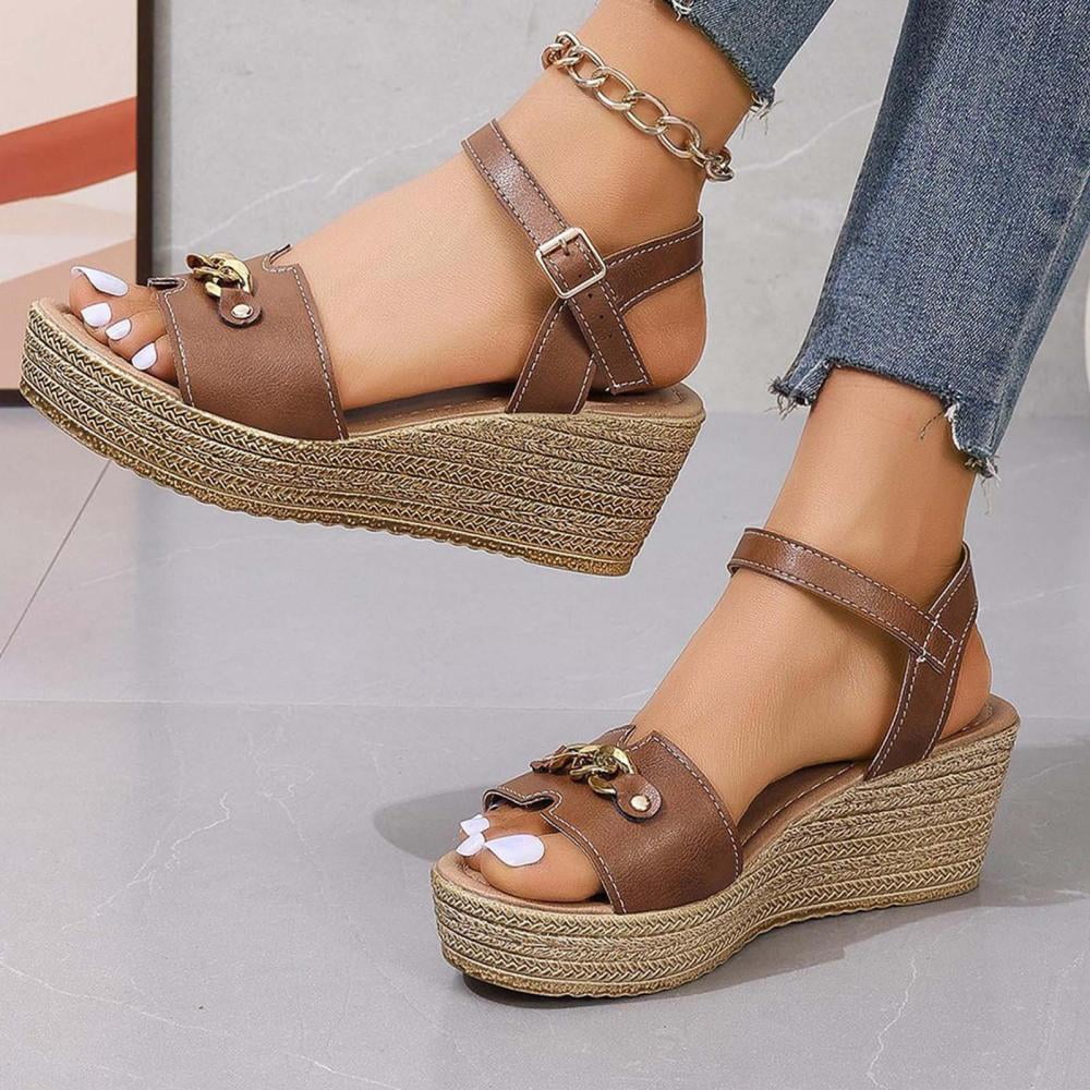 Bxsruta Adjustable Chain Strap Wedge Sandals, Straw-Textured Thick Sole ...