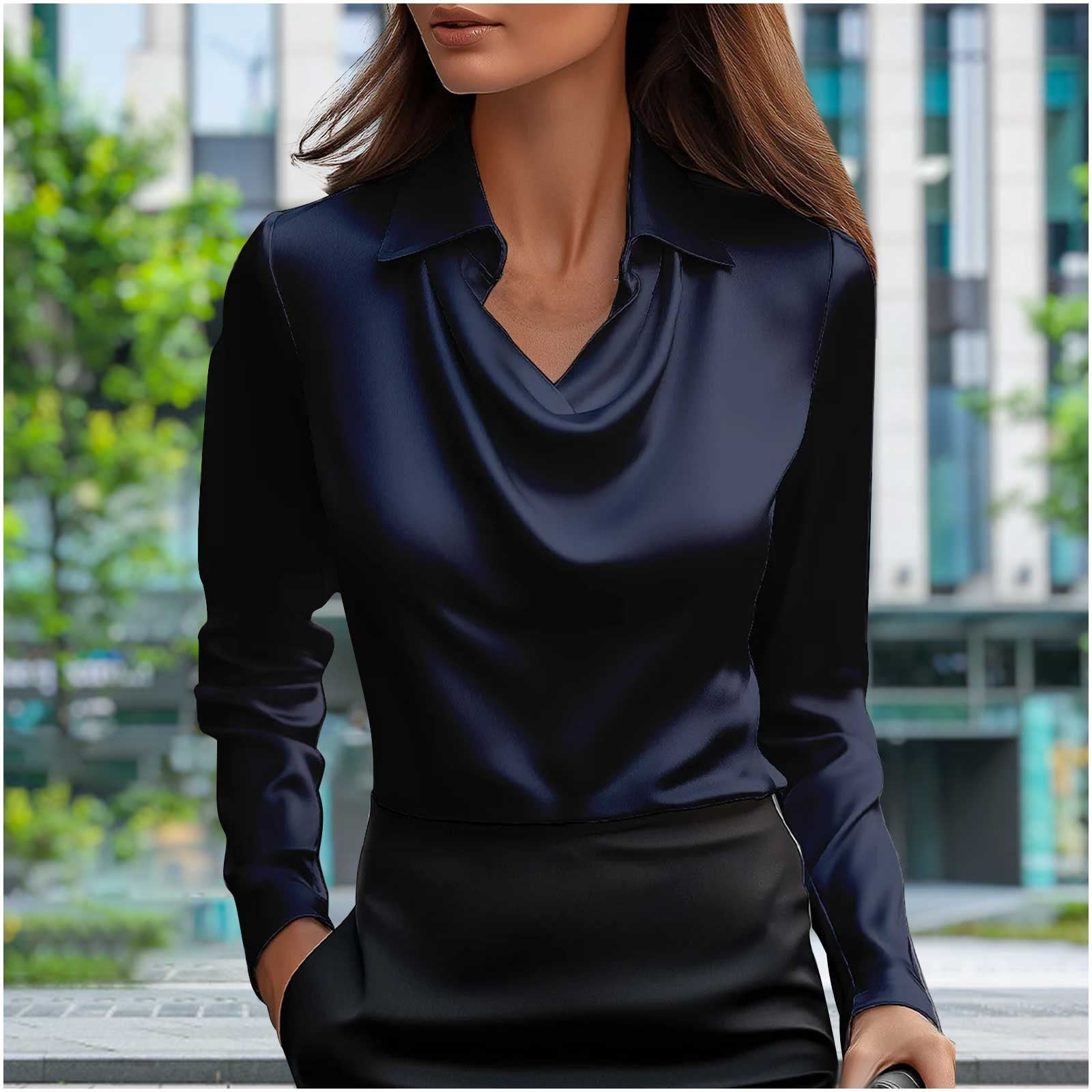 Bxsruta Blouse for Women, Women's Solid Color Blouses Long Sleeve Round ...