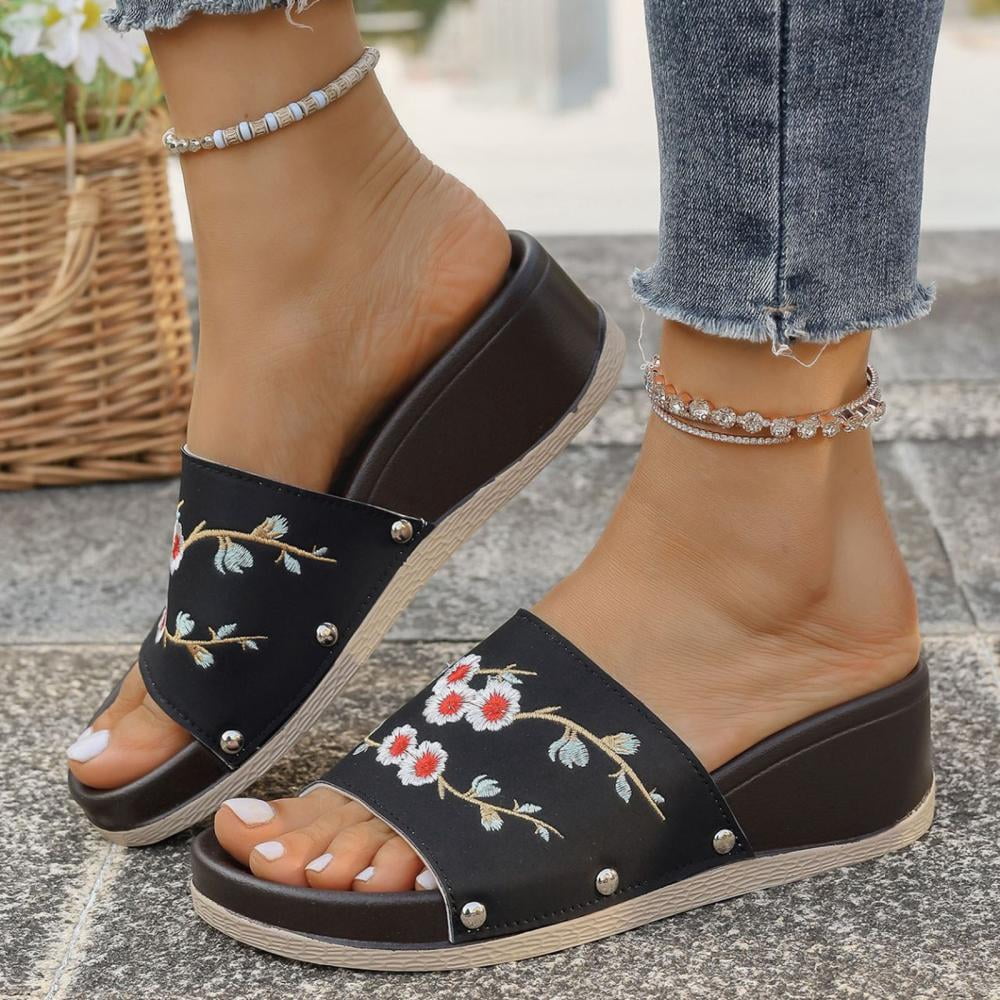 Bxsruta Bohemian Embroidery Slip-On Sandals with Thick Cushioned Sole ...