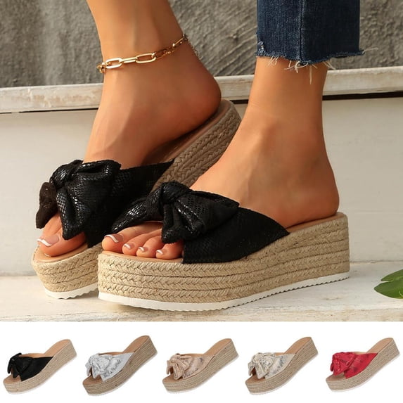 Bxsruta Bow Decor Summer Wedge Slide Sandals Open Toe Espadrille Slip