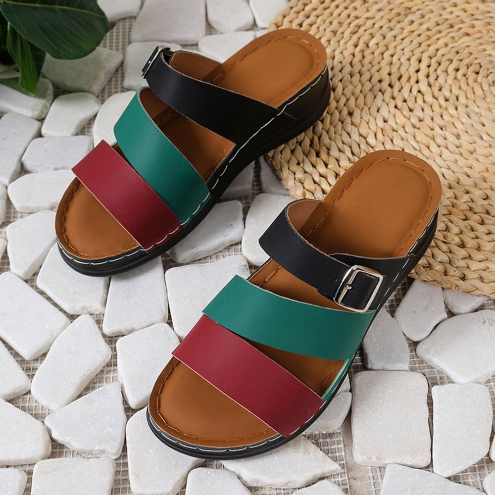 Bxsruta Buckle-Adjustable Fish Mouth Slippers with Color-Block Design ...