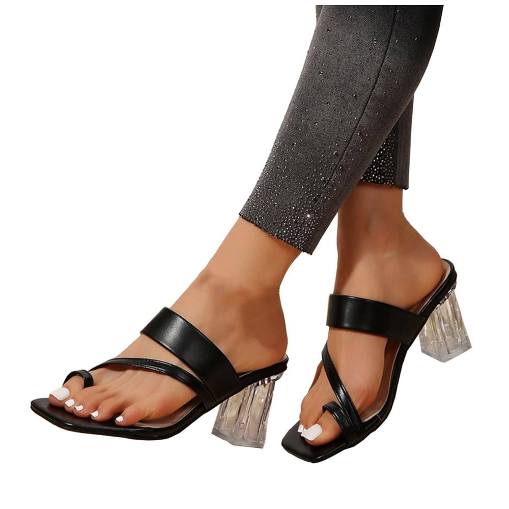 Bxsruta Crystal-Embellished Thick Heel Sandals, Hollow Toe Summer Shoes ...