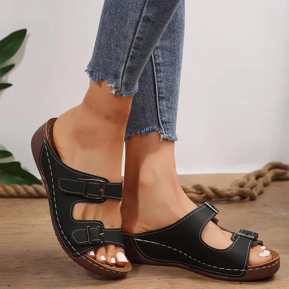 Bxsruta Double-Buckle Mule Sandals, Women's Contoured Footbed Wedges ...