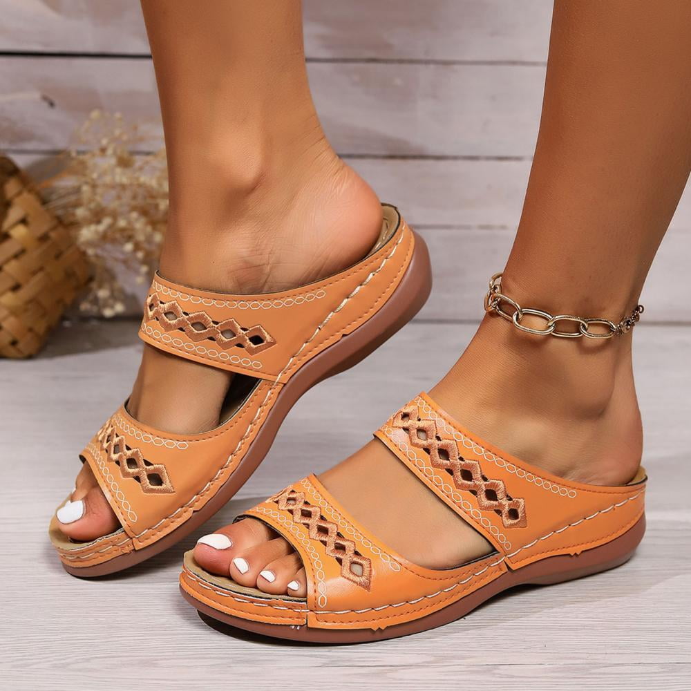 Bxsruta Double Strap Wedge Sandals with Cut-Outs, Women's Brown Leather ...