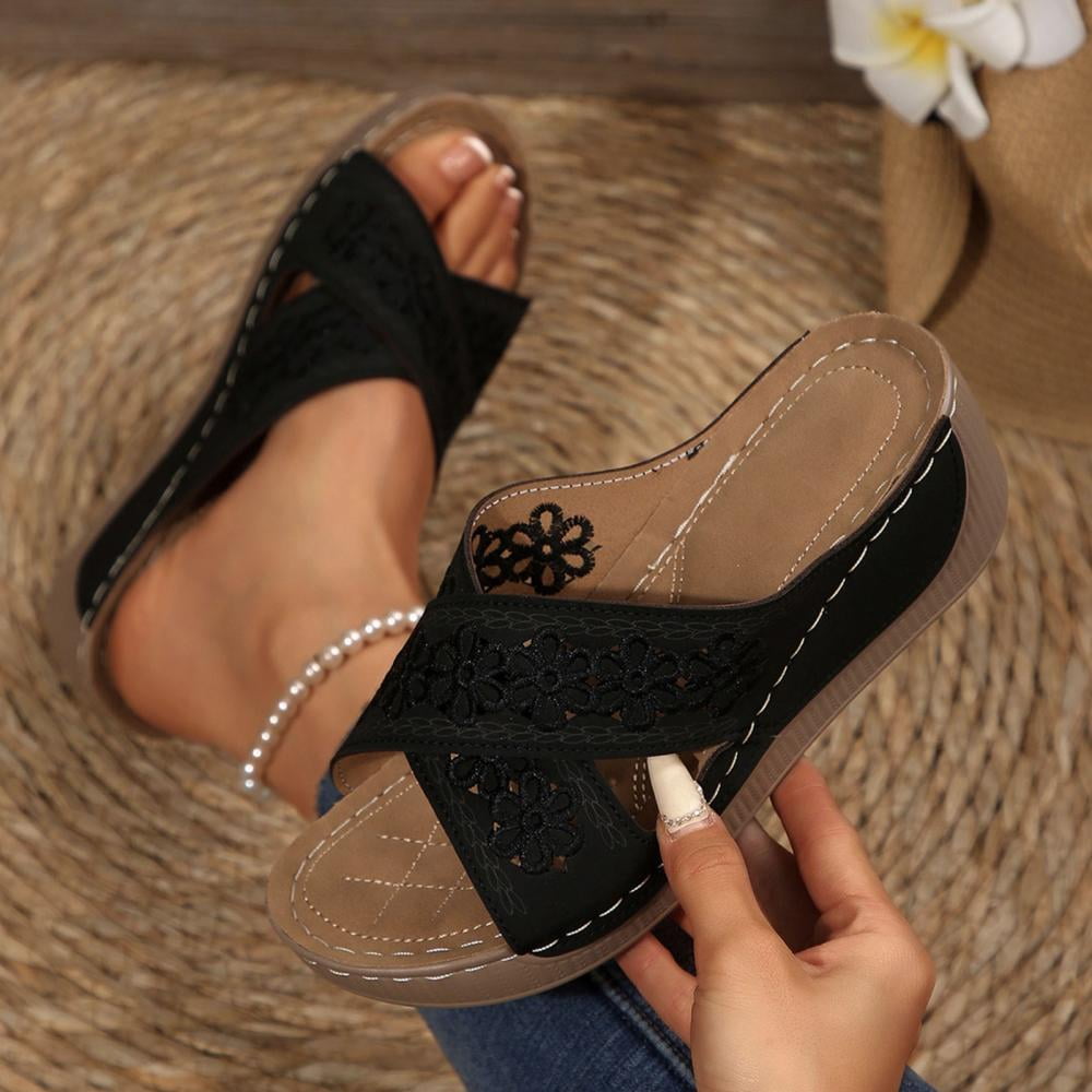 Bxsruta Embroidered Wedge Sandals with Hollow Strap Design, Summer ...