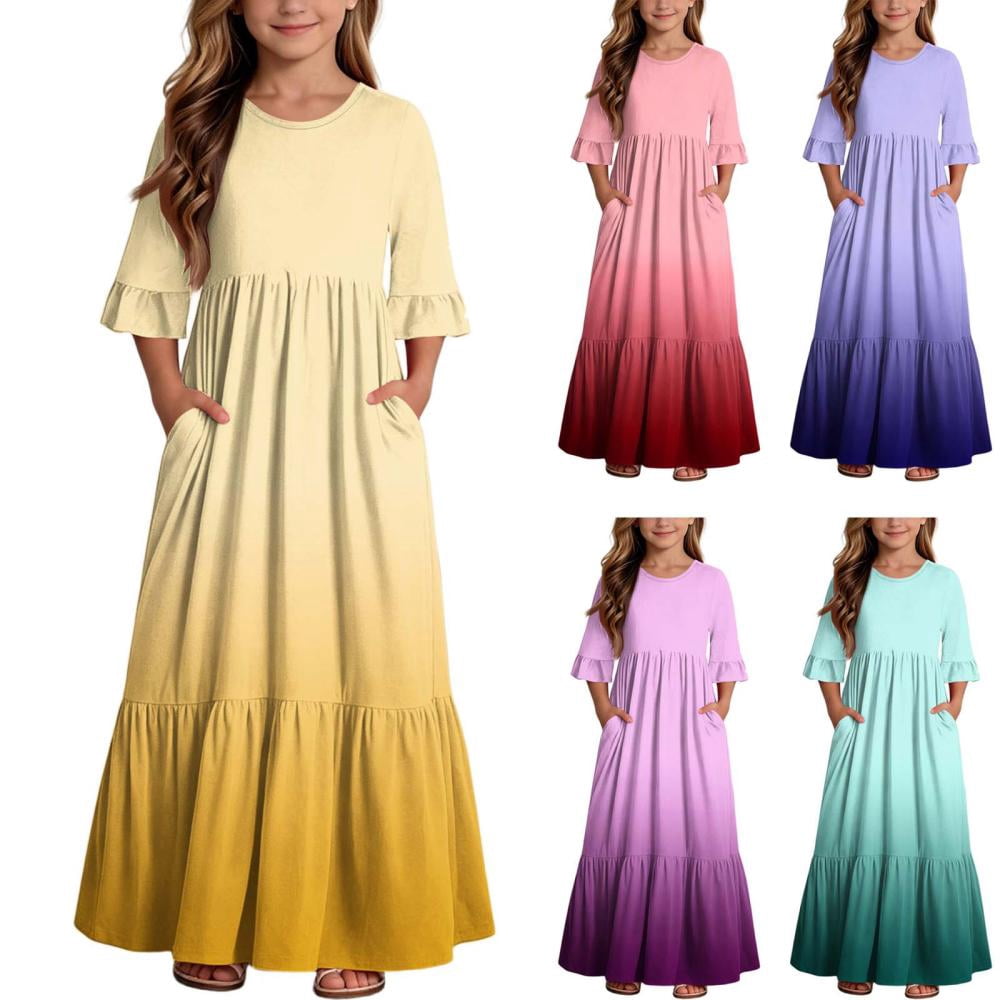 Bxsruta Girls Casual Tiered Maxi Dress with Side Pockets and Ruffled ...