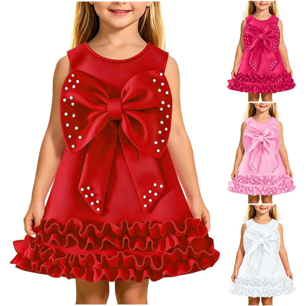Bxsruta Girls Elegant Big Bow Rhinestone Decor Sleeveless Smock Dress ...