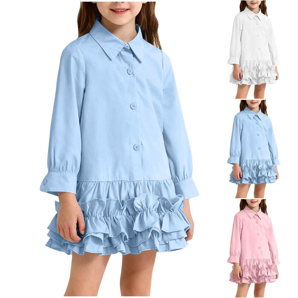 Bxsruta Girls Lapel Button Long Sleeve Dress Soft Casual School Uniform ...