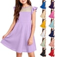 Bxsruta Girls a Line Casual Dress Ruffle Cap Sleeve Mesh Yoke Soft ...