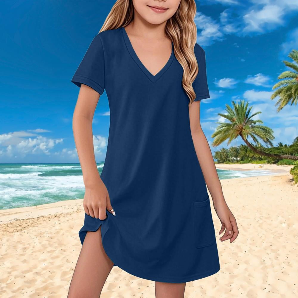 Bxsruta Girls' Pockets Short Sleeve Comfort Dress, Loose Casual Design ...