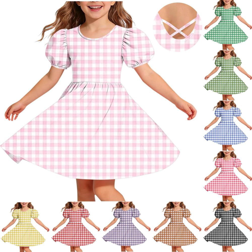 Bxsruta Girls Puff Short Sleeve Round Neck A Line Swing Dress Soft ...