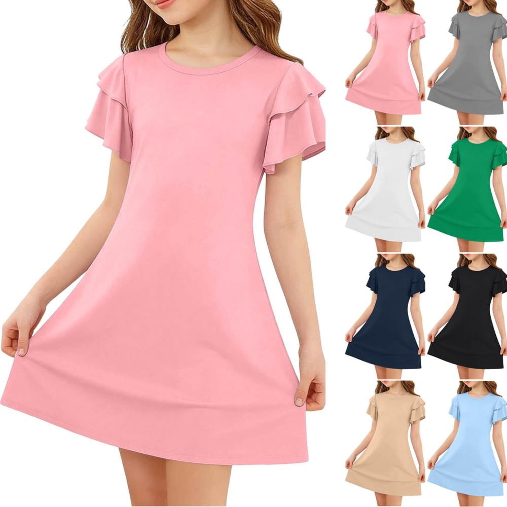 Bxsruta Girls Ruffle Short Sleeve T Shirt Dress Casual A Line Mini ...
