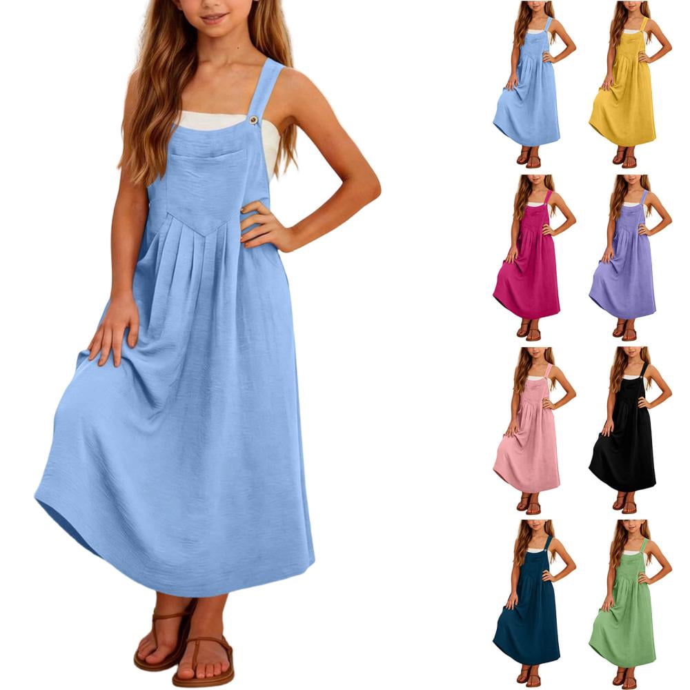 Bxsruta Girls Sleeveless Overall Midi Dress Loose Fit Cotton Blend ...