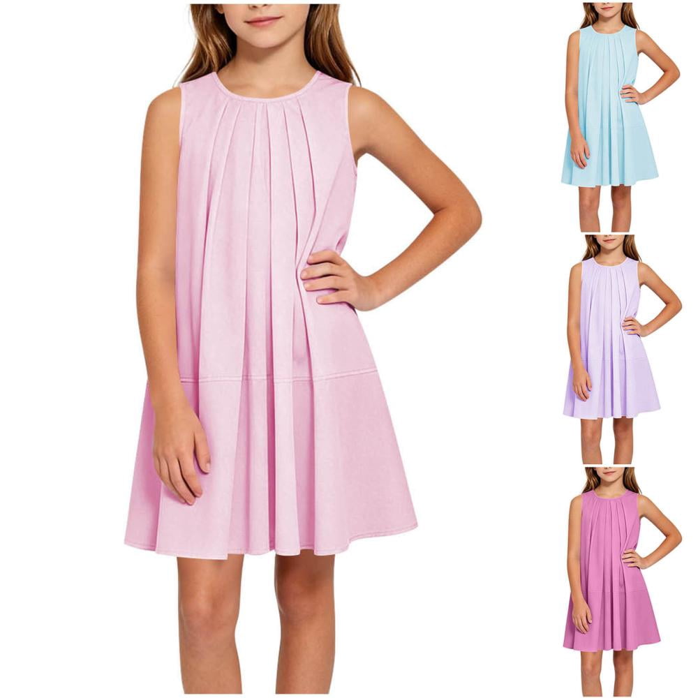 Bxsruta Girls Sleeveless Pleated Casual Swing Dress Relaxed Loose Fit ...