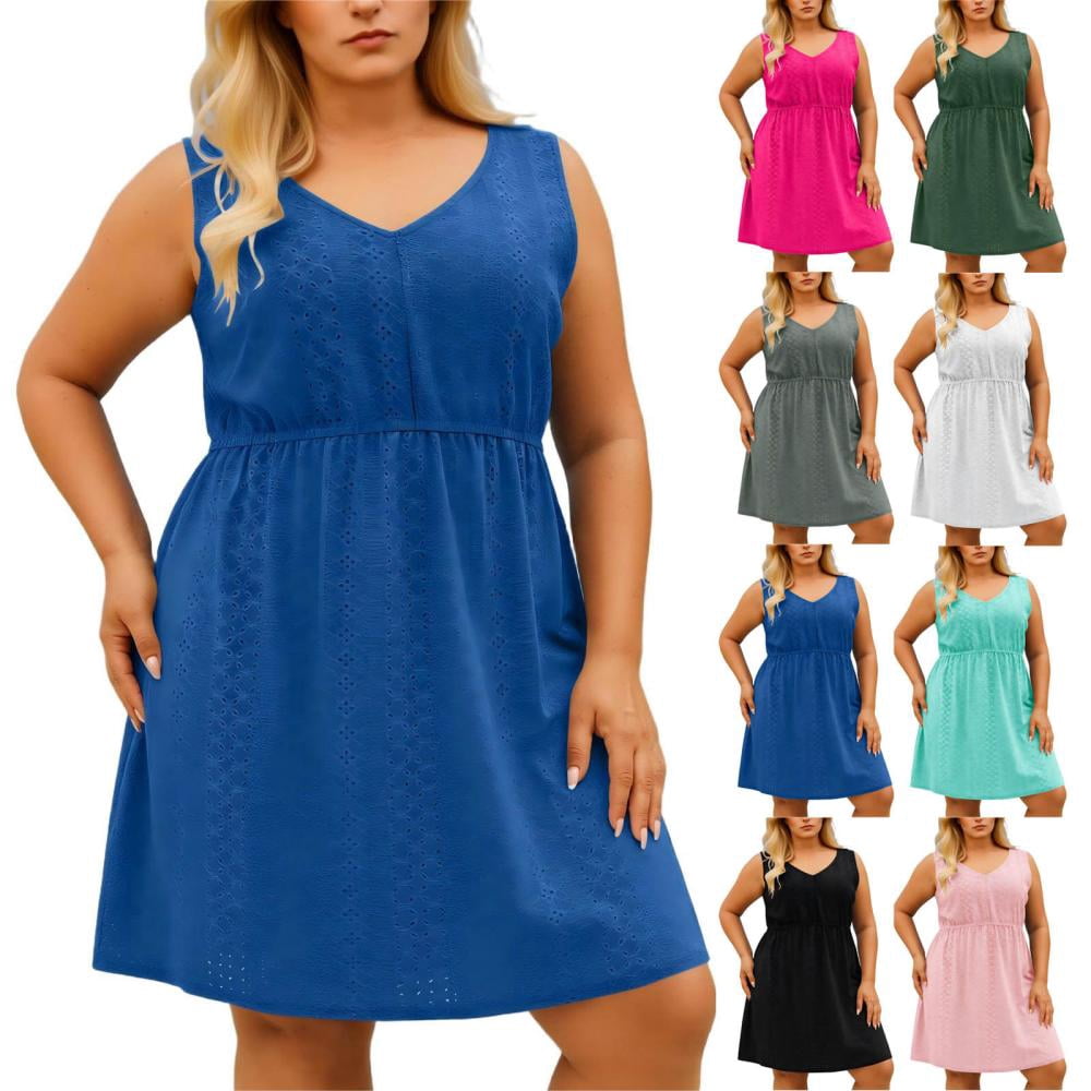 Bxsruta HYI Plus Size Women Sleeveless V Neck Casual A Line Dress ...