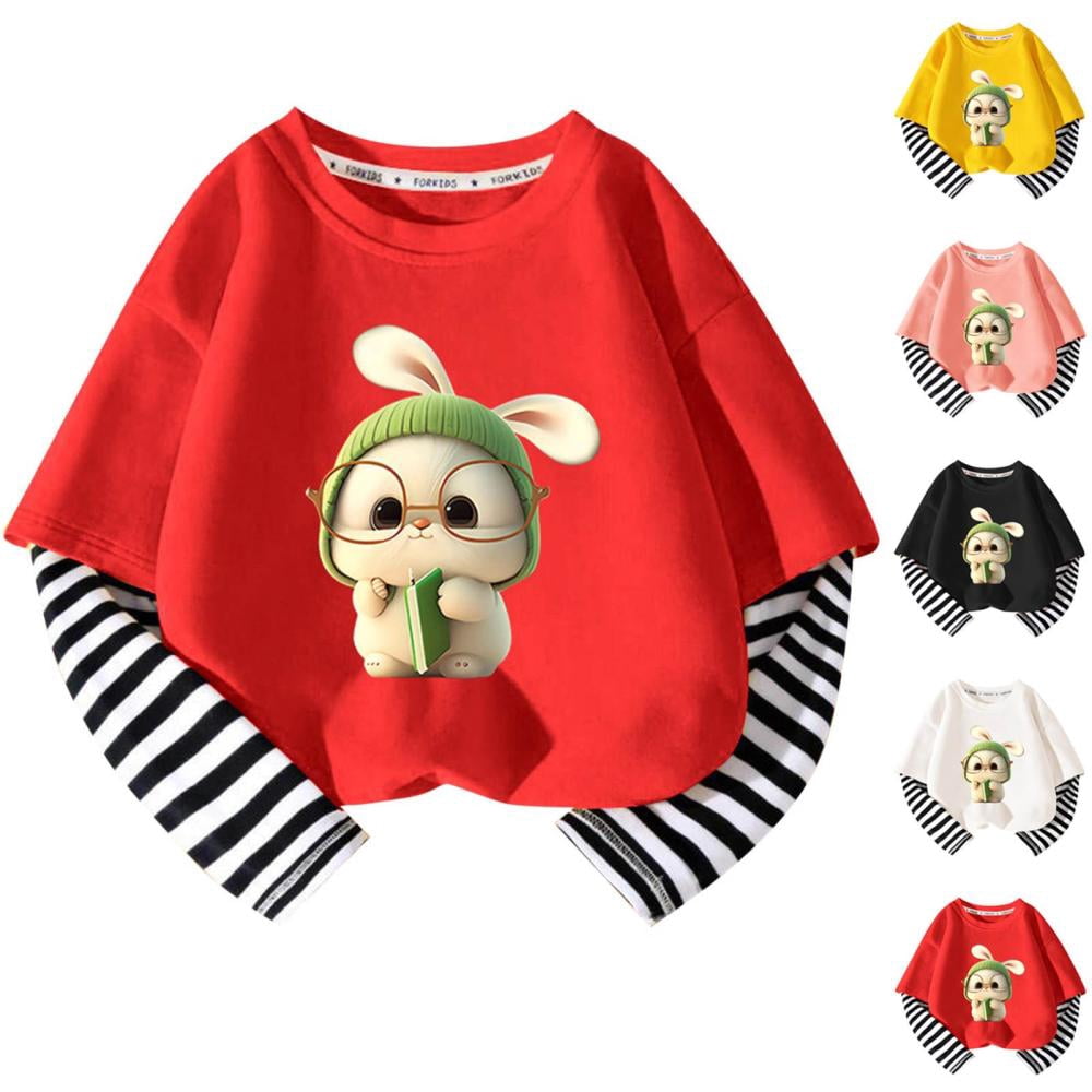 Bxsruta Kids Cartoon Rabbit Graphic Layered Look Long Sleeve T Shirt ...