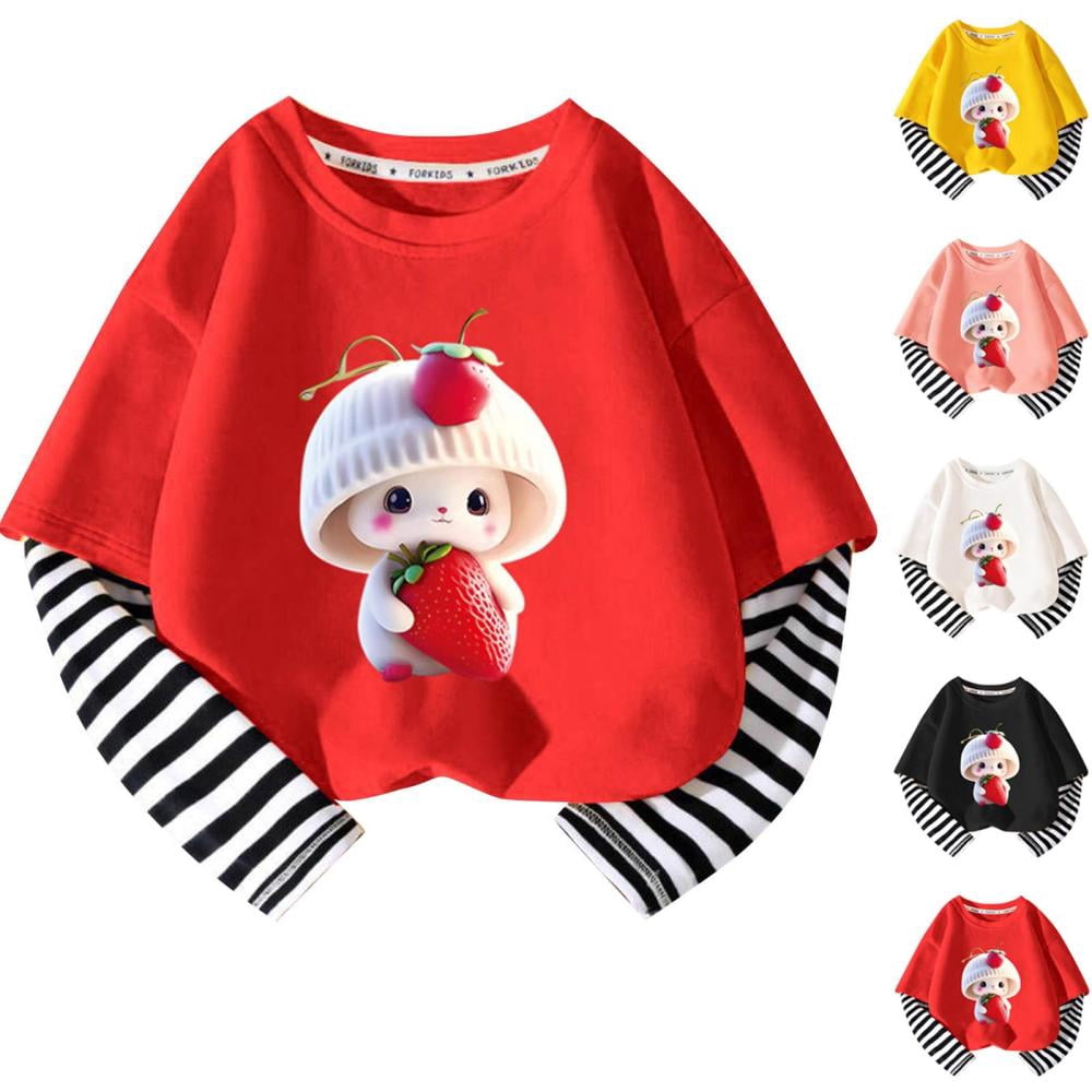Bxsruta Kids Cartoon Rabbit Graphic Layered Look Long Sleeve T Shirt ...